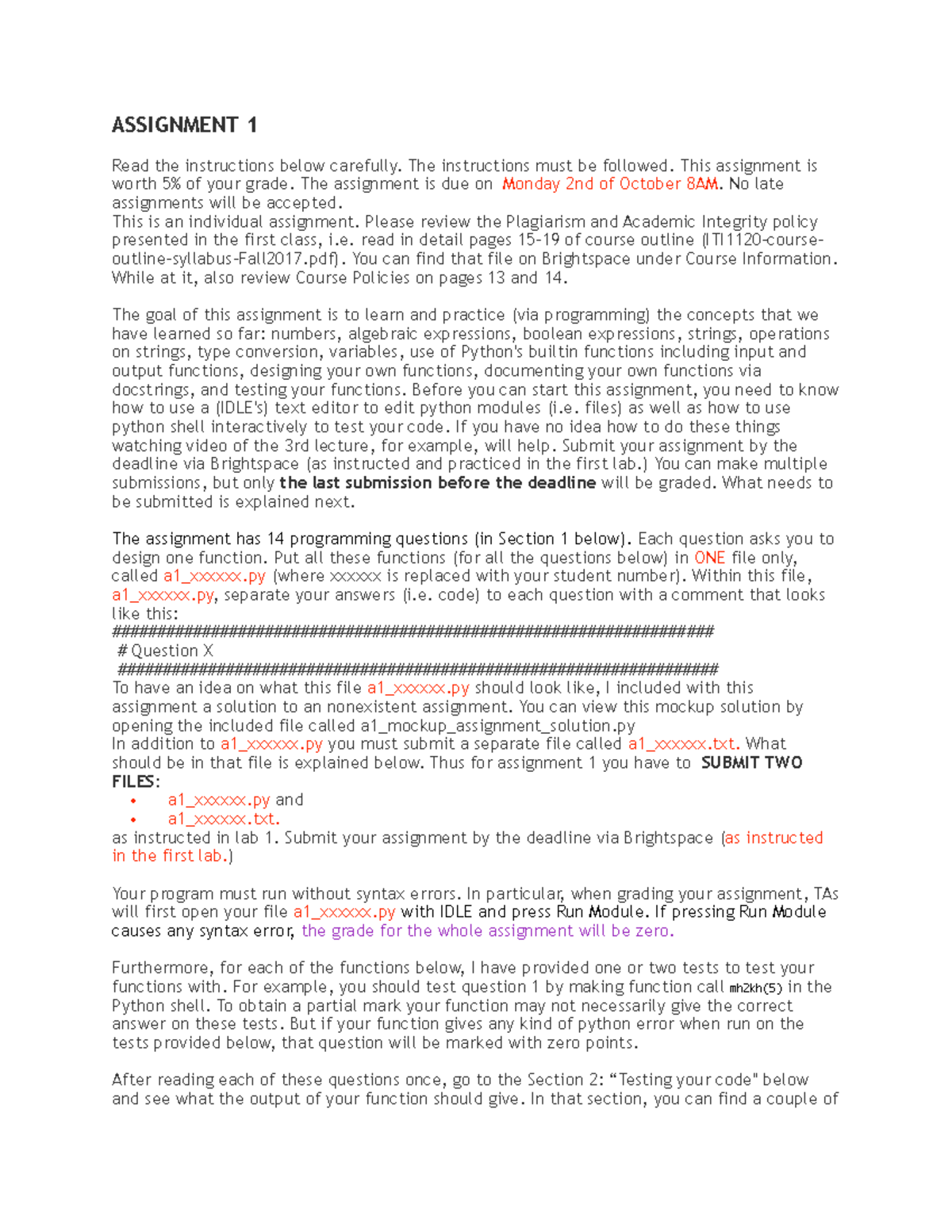 Assignment 1 Handout - ASSIGNMENT 1 Read the instructions below ...