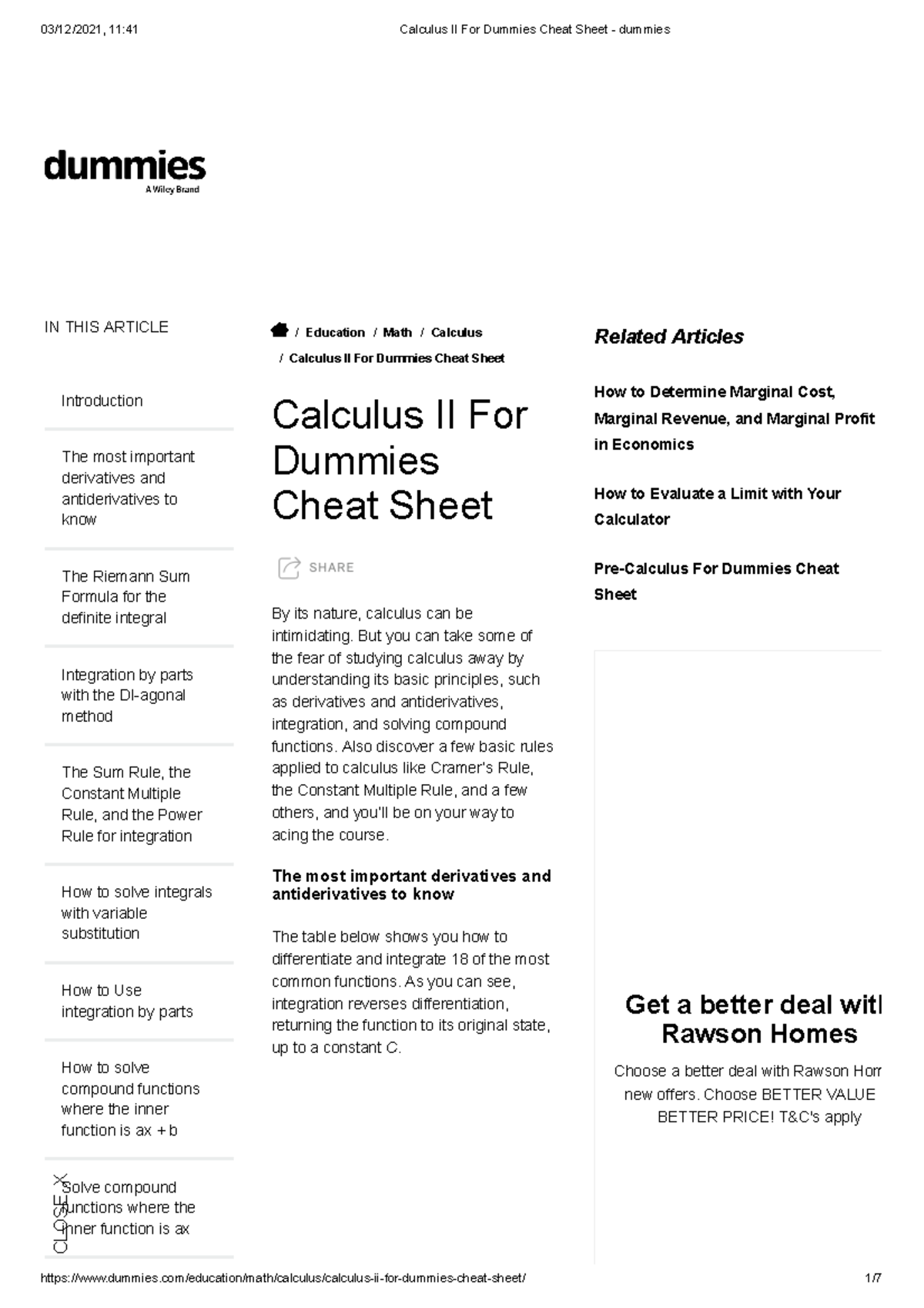 Calculus II For Dummies Cheat Sheet - dummies - / / / / Calculus II For ...