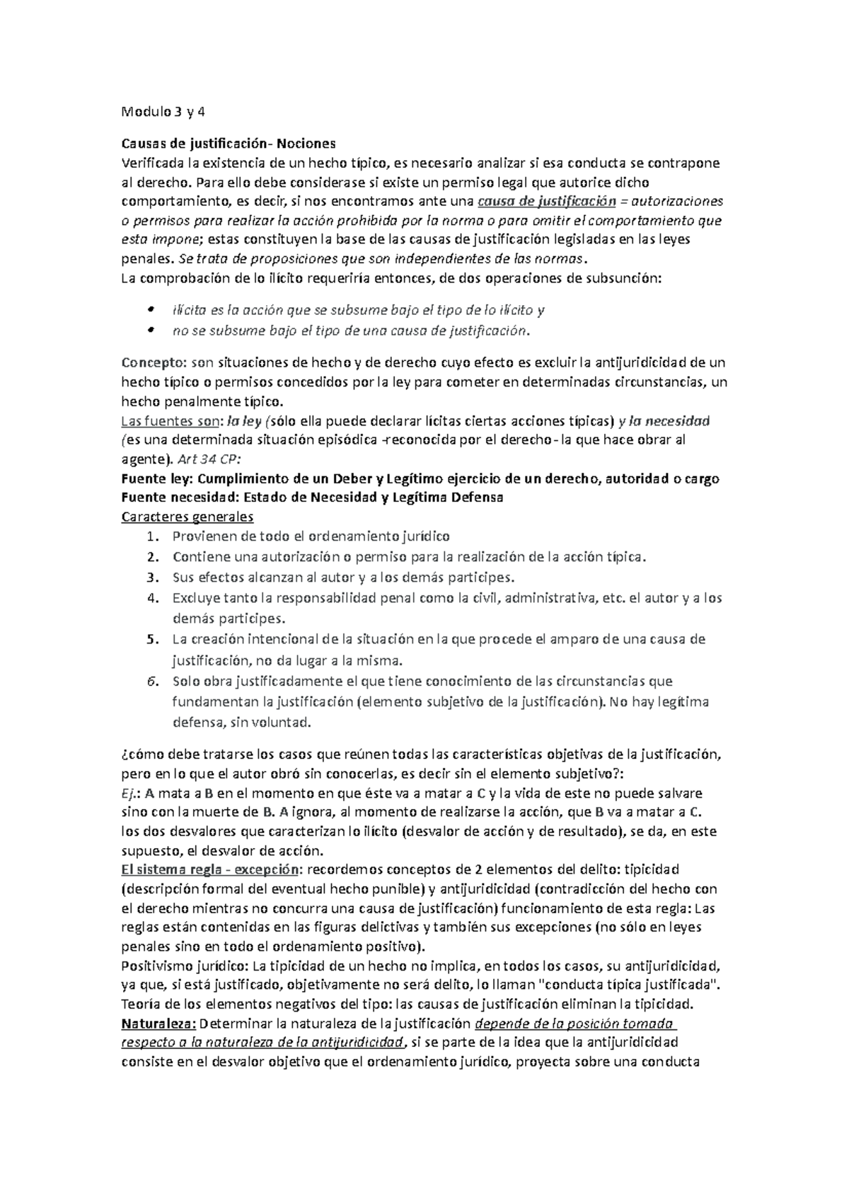 Modulo 3 y 4 DP - resumen - Modulo 3 y 4 Causas de justificación- Nociones Verificada la ...