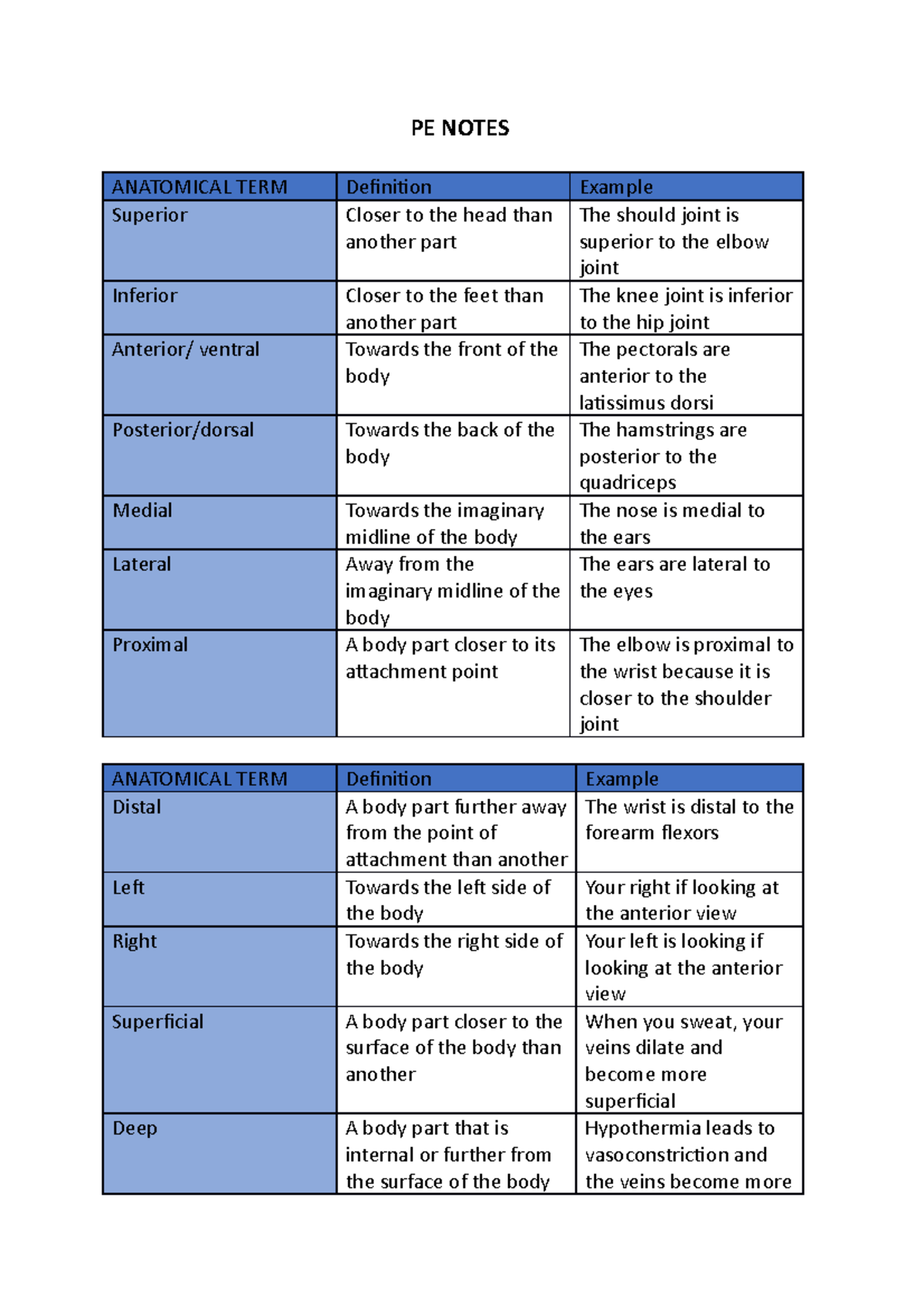 PE Notes - PE NOTES ANATOMICAL TERM Definition Example Superior Closer ...