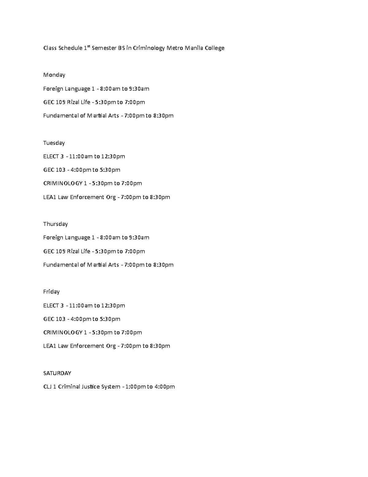 Class Schedule 1st Semester - Studocu