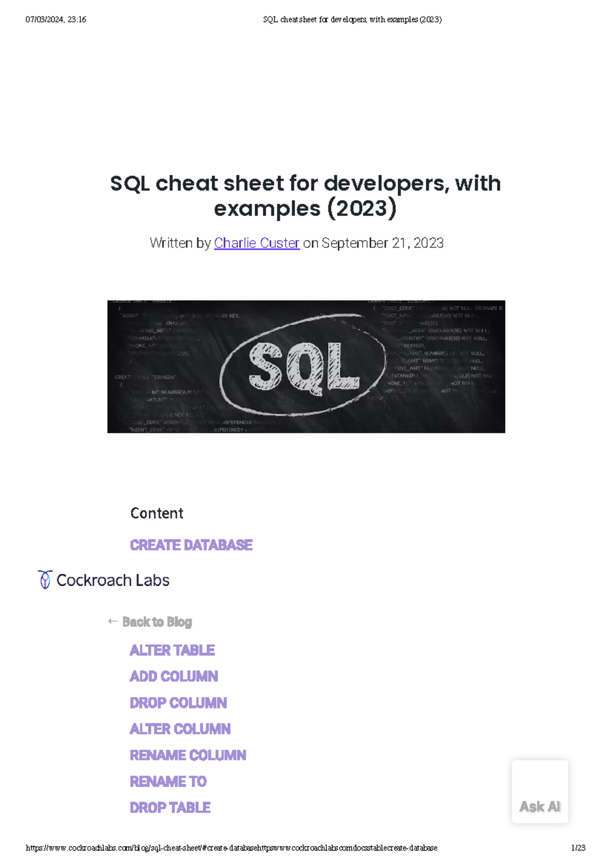 SQL Cheat Sheet - SQL cheat sheet for developers, with examples (2023 ...