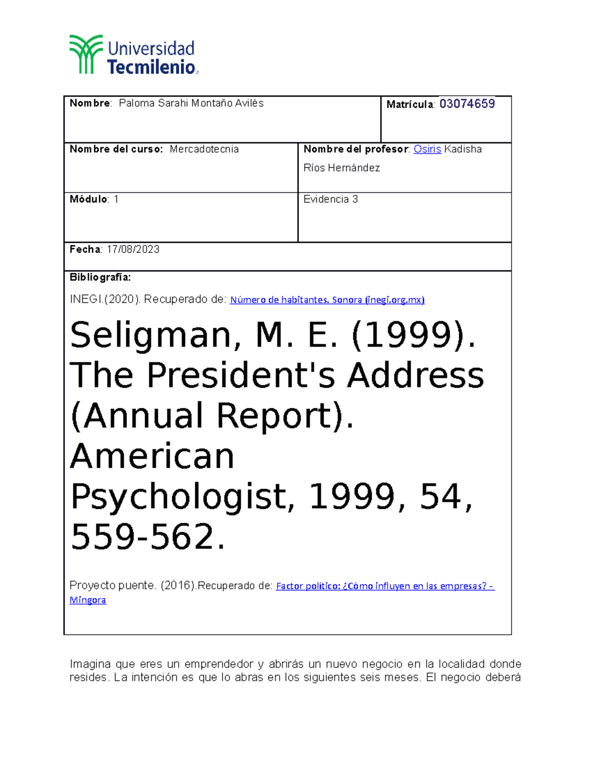 Mercadotecnia Evidencia - Nombre: Paloma Sarahi Montaño Avilés ...