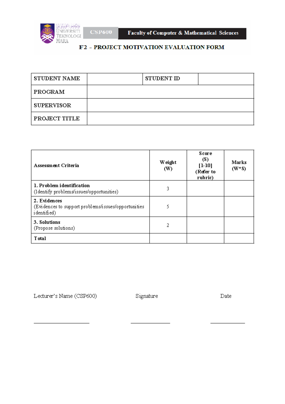 F2 - Form 2 agreement fyp - STUDENT NAME STUDENT ID PROGRAM SUPERVISOR ...
