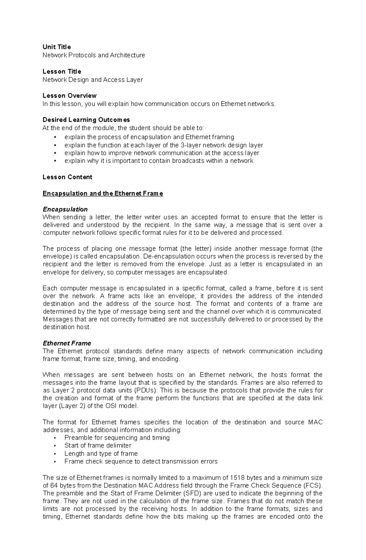 Module 6 - Network Design and the Access Layer - Unit Title Network ...