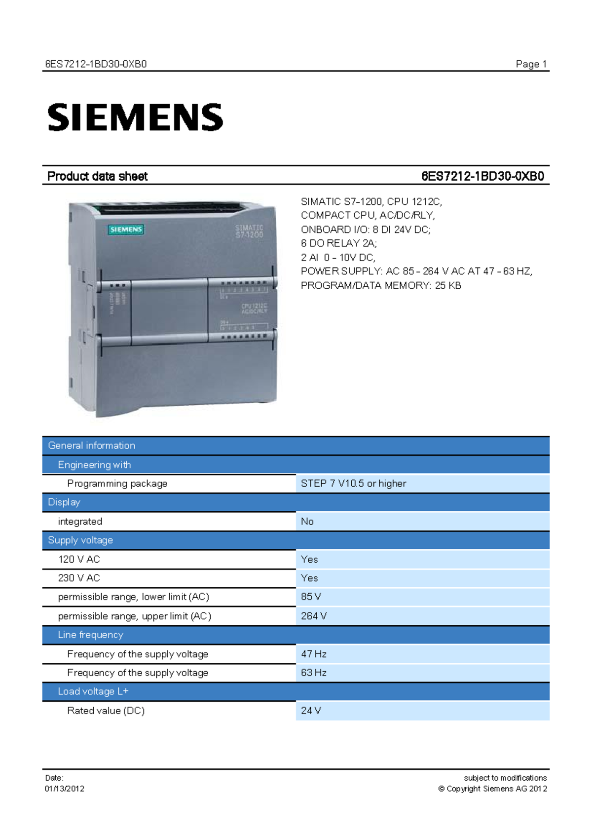 0900766 b81047 ac8 - Datasheet plc 1212c - Product data sheet 6ES7212 ...