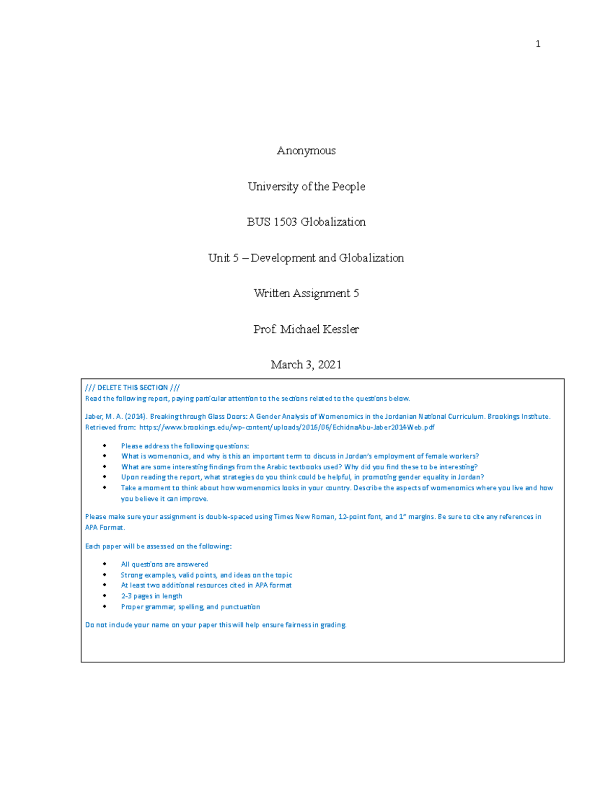 POLS 1503 - Written 5 - Anonymous University of the People BUS 1503 Globalization Unit 5 – - Studocu