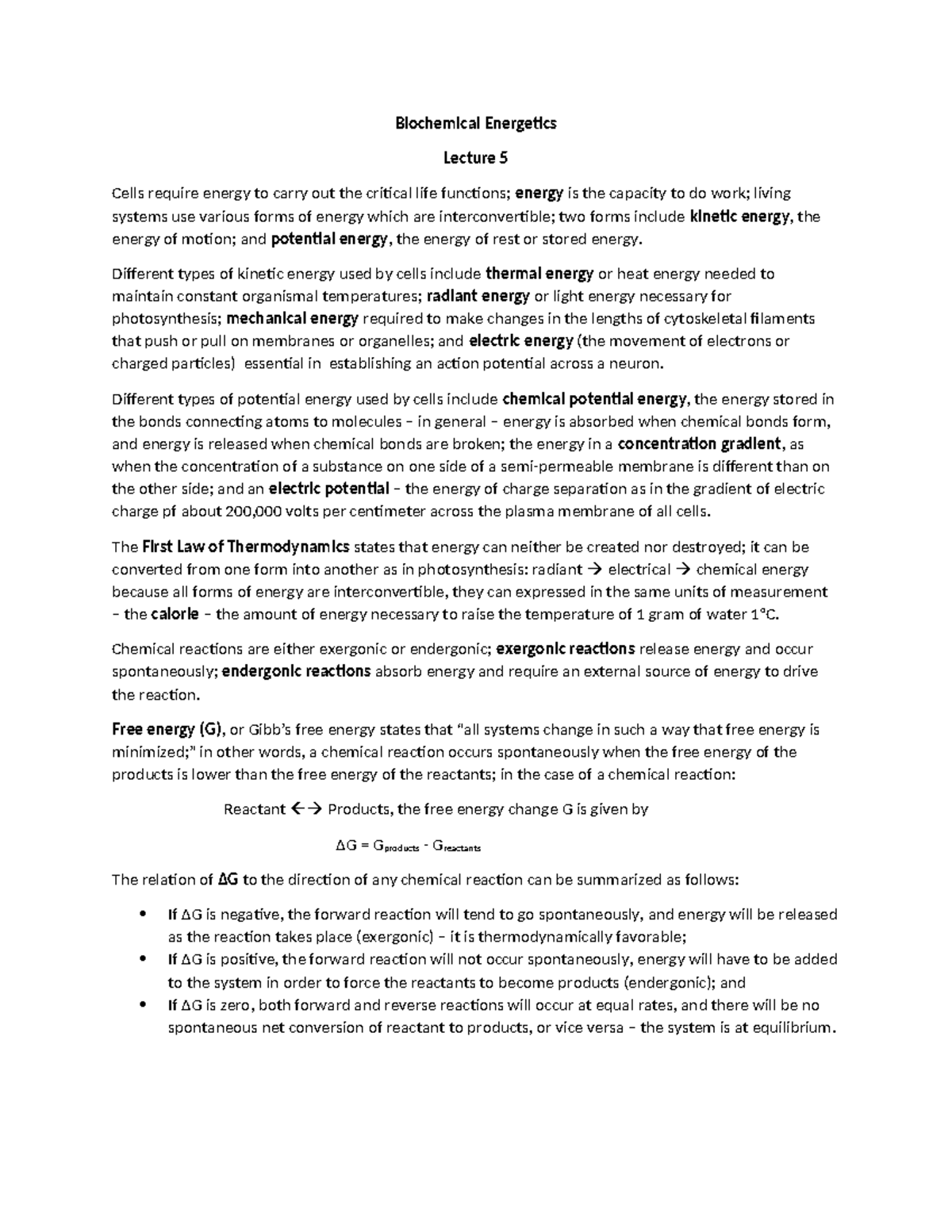 Lecture 5 - Biochemical Energetics Lecture 5 Cells require energy to ...