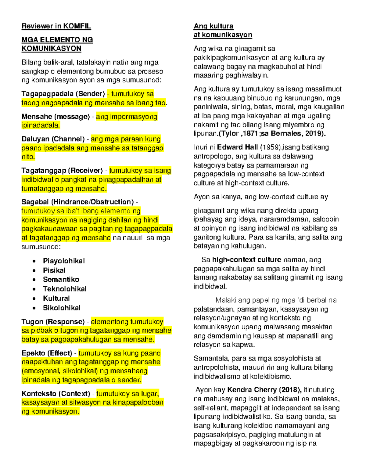 Reviewer-in- Komfil - lecture - Reviewer in KOMFIL MGA ELEMENTO NG ...