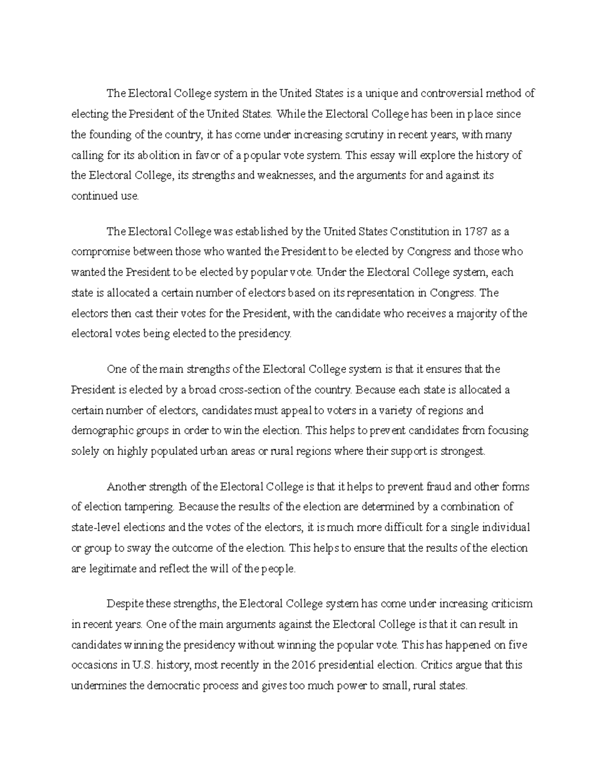 The Electoral College System in the United States - Essay - While the ...