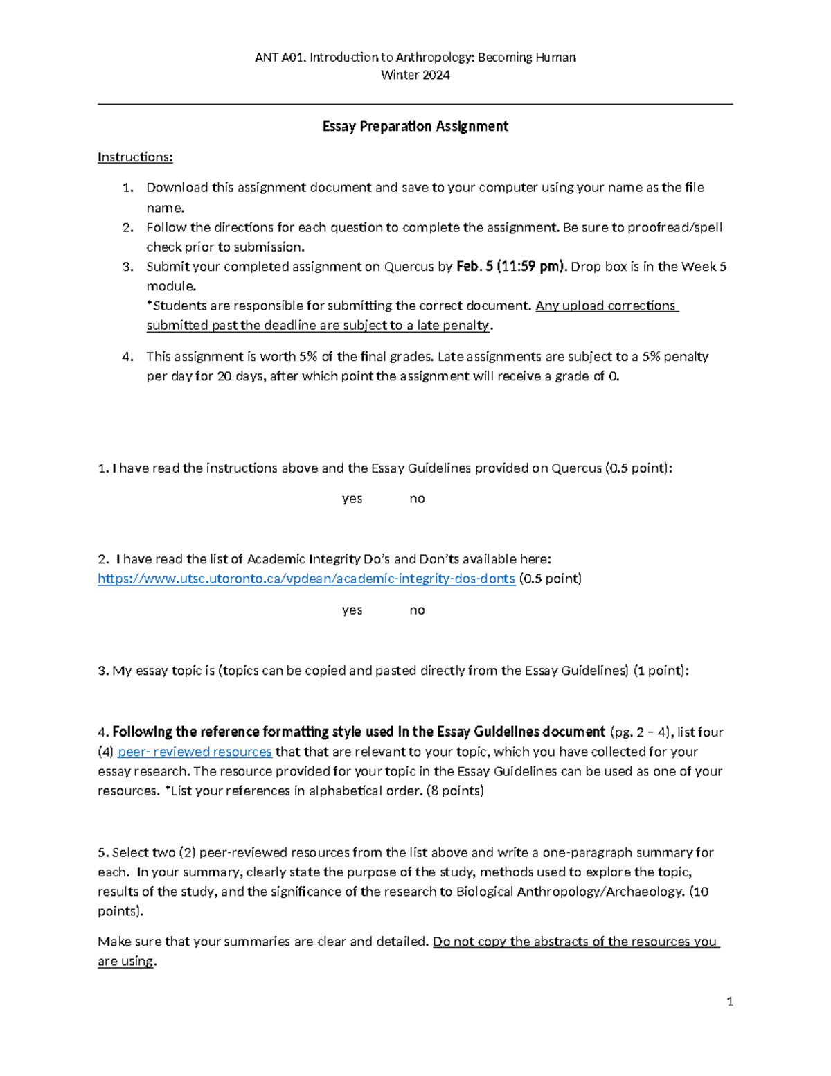 ANT A01 (Winter 2024) essay prep assignment - ANT A01. Introduction to ...