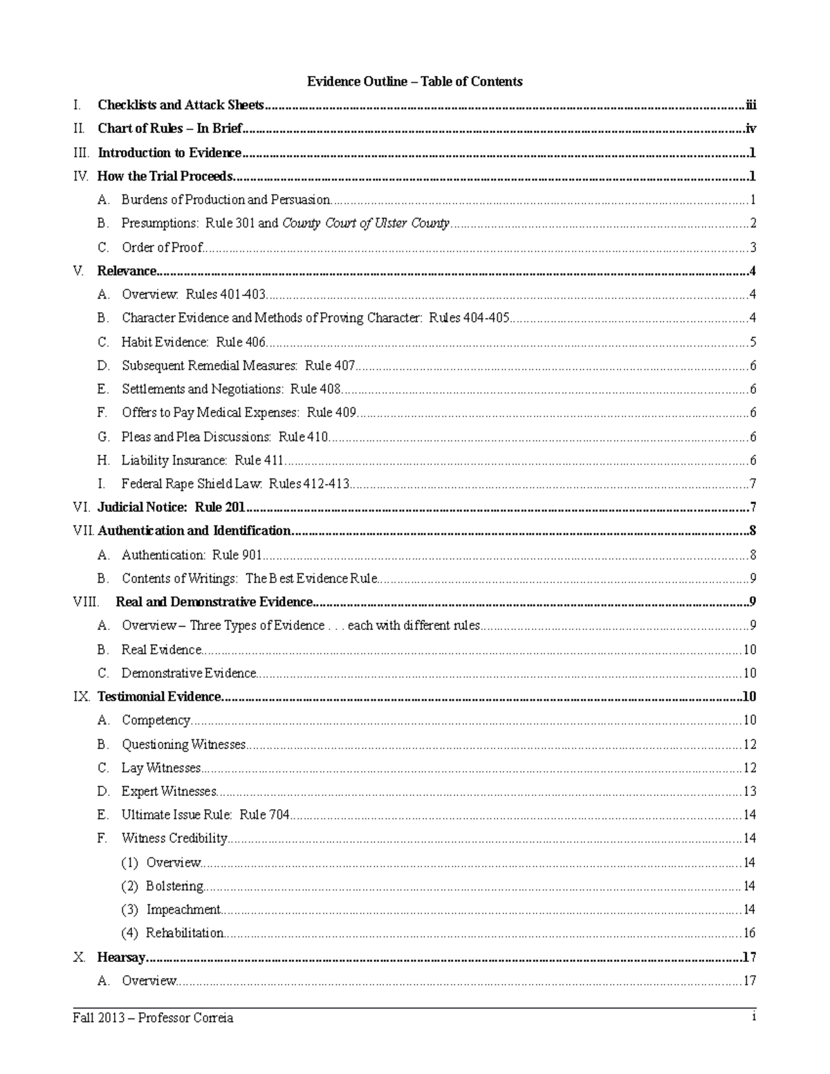 Evidence Outline and rules - Evidence Outline – Table of Contents I ...