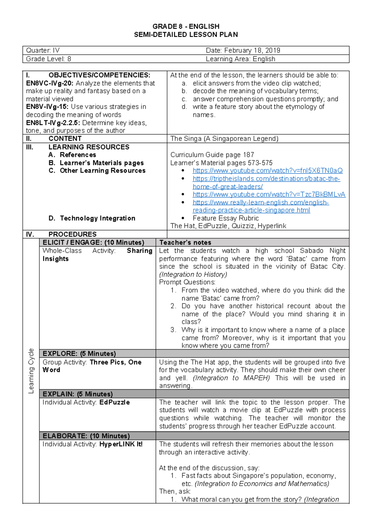 430124748 5Es Semi Detailed Lesson Plan in English - GRADE 8 - ENGLISH ...