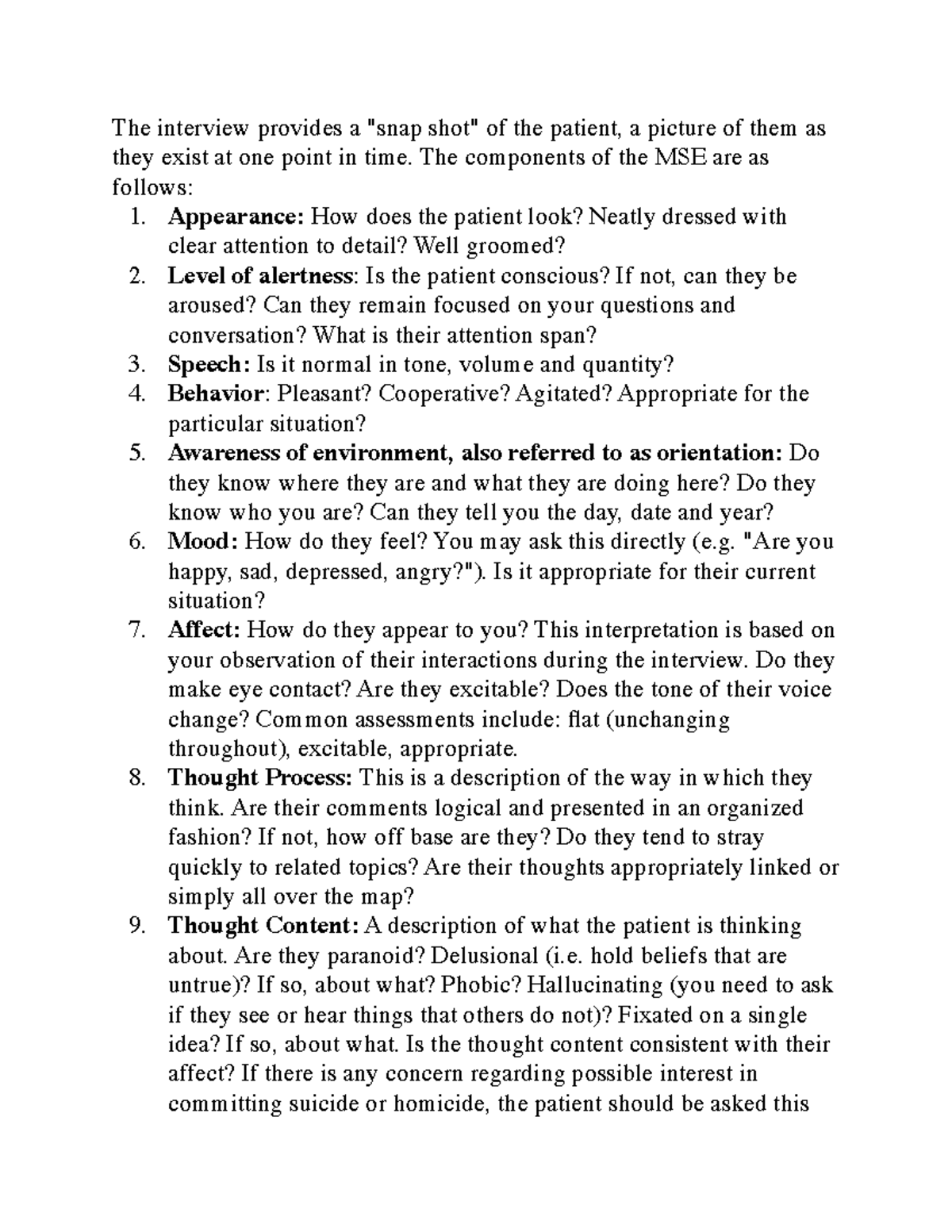 MSE & Samples - Guideline for Mental Status Examination - The interview ...