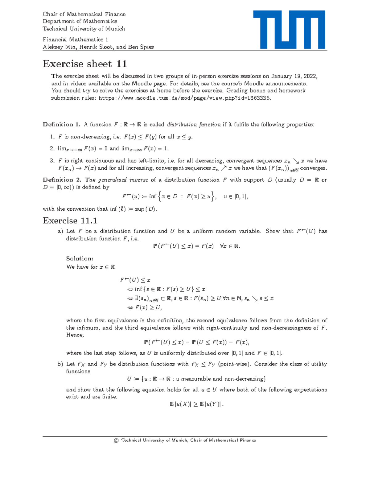 Fi Ma1 Exercise Sheet 11 Solution - Chair of Mathematical Finance Department of Mathematics ...