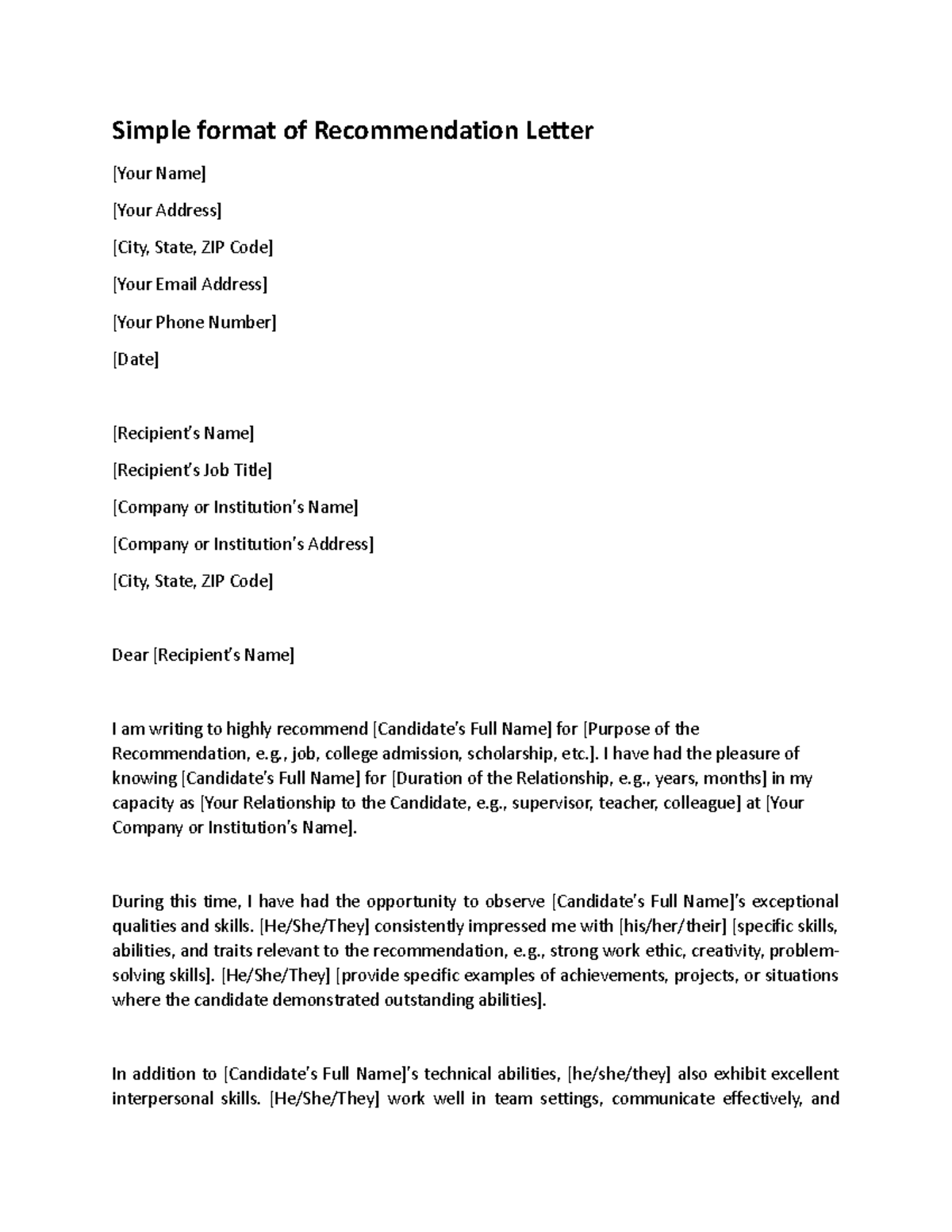 Simple formate of Recommendation Letter - , job, college admission ...