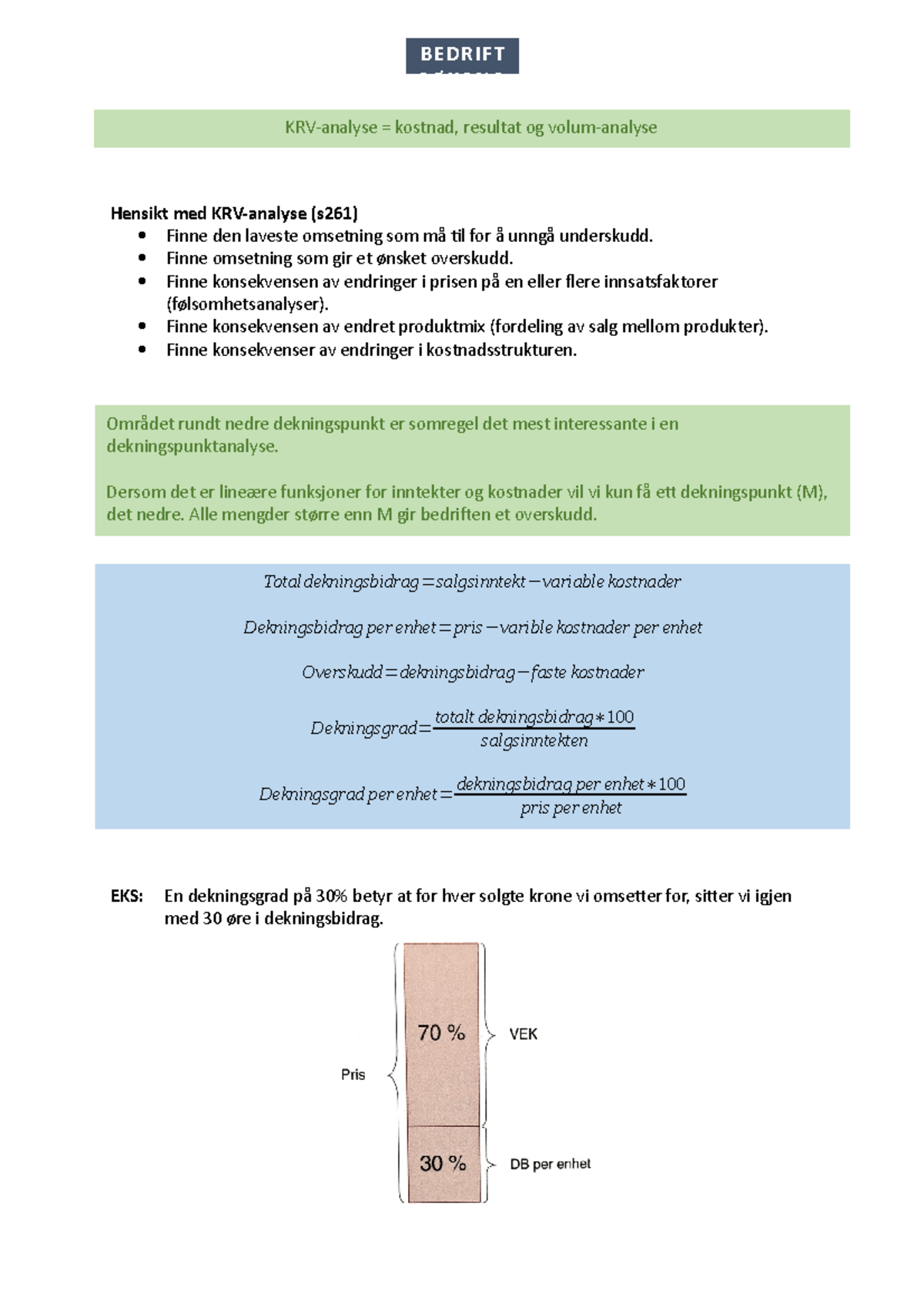 Kapittel 8 - Grunnleggende bedriftsøkonomi - Hensikt med KRV-analyse (s261) Finne den laveste ...