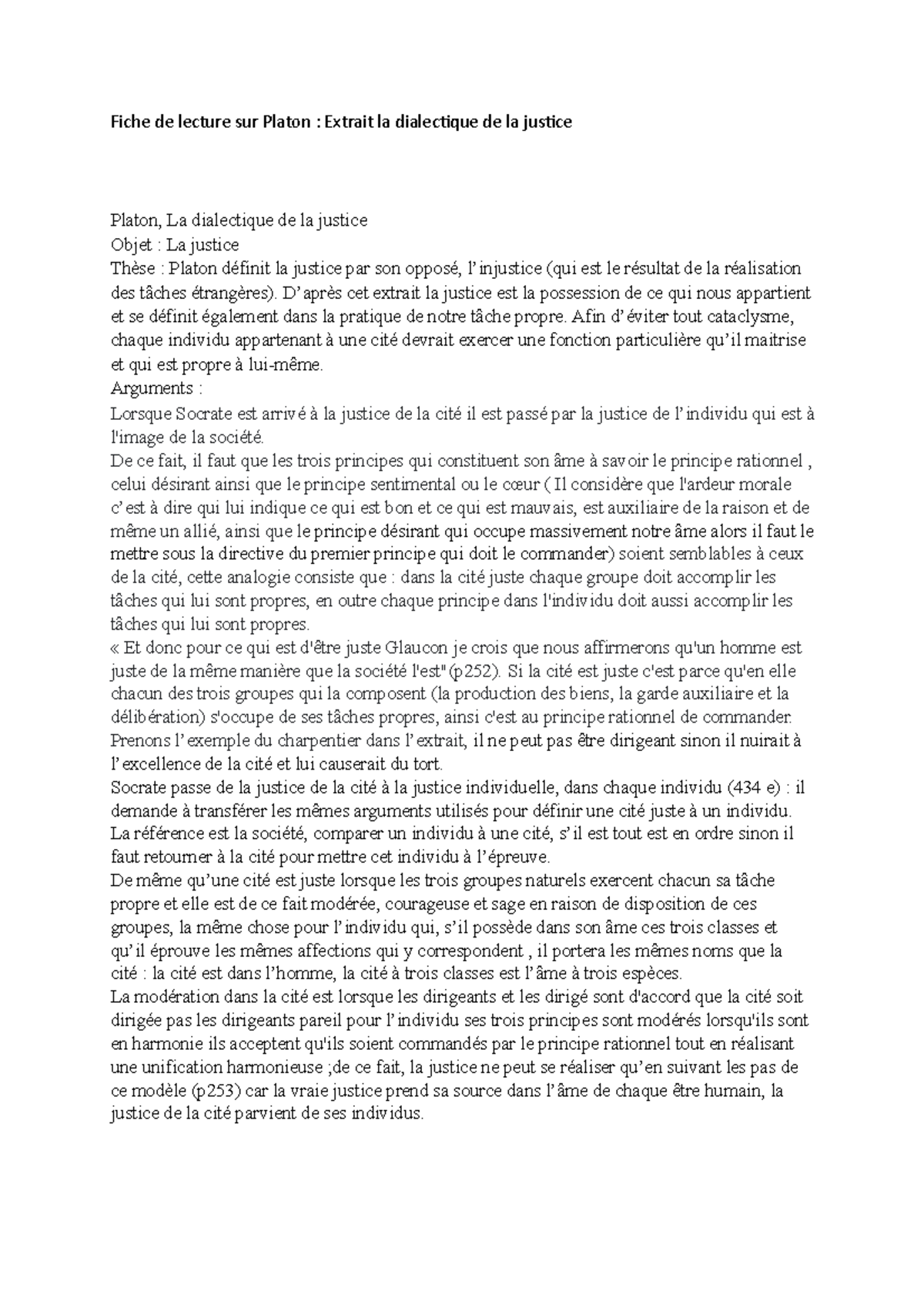 Fiche de lecture sur Platon - D’après cet extrait la justice est la ...