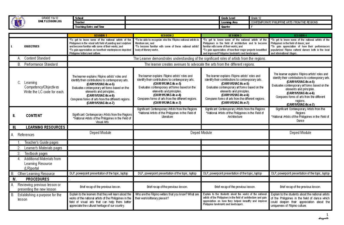 Week 4 - Note 5 - GRADE 1 to 12 DAILY LESSON LOG School Grade Level ...