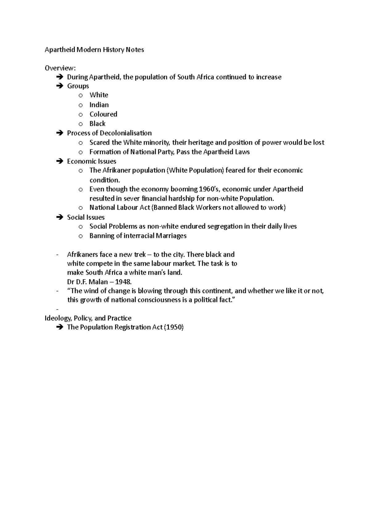Apartheid Modern History Notes - Apartheid Modern History Notes ...