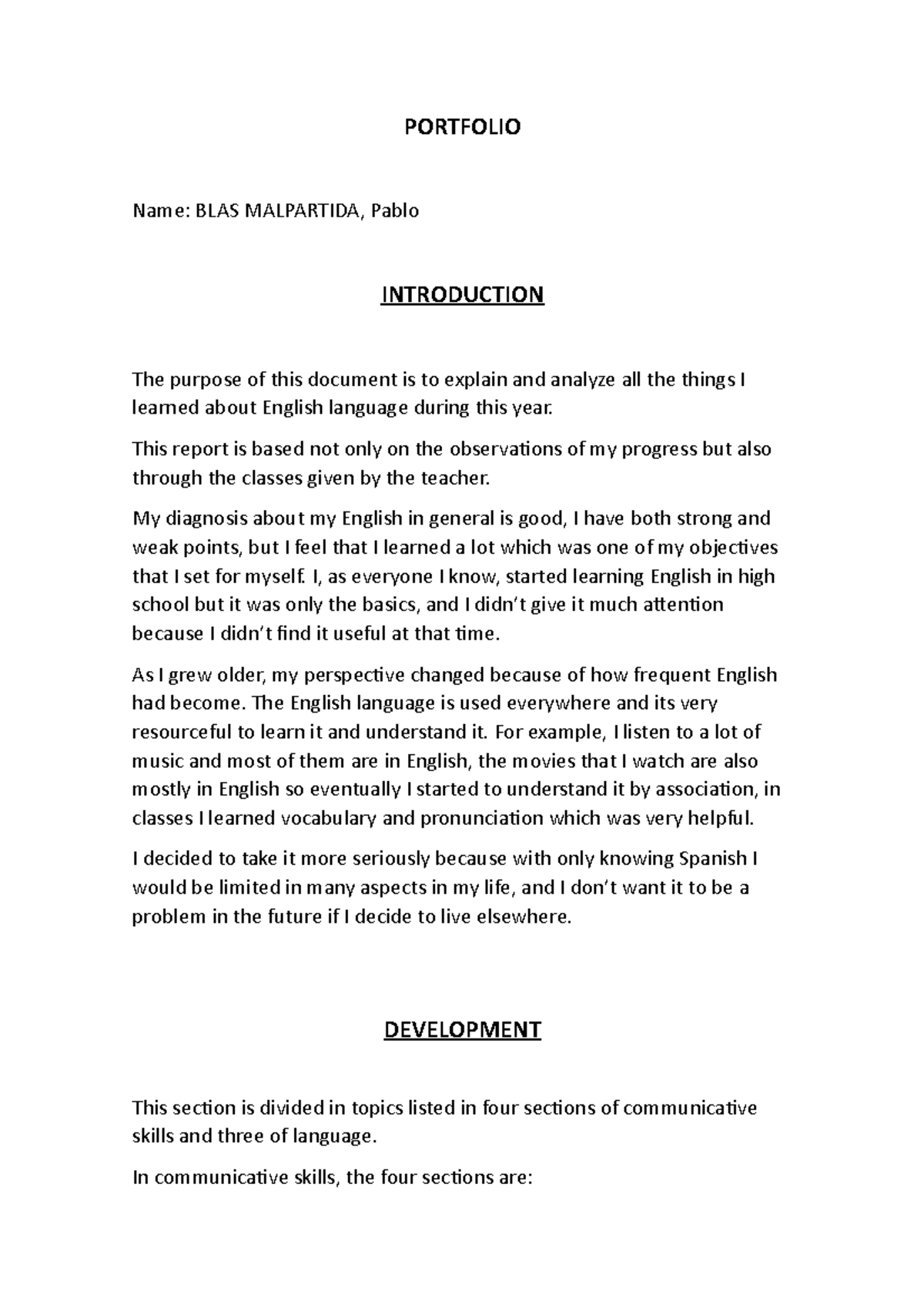 Portfolio - PORTFOLIO Name: BLAS MALPARTIDA, Pablo INTRODUCTION The ...