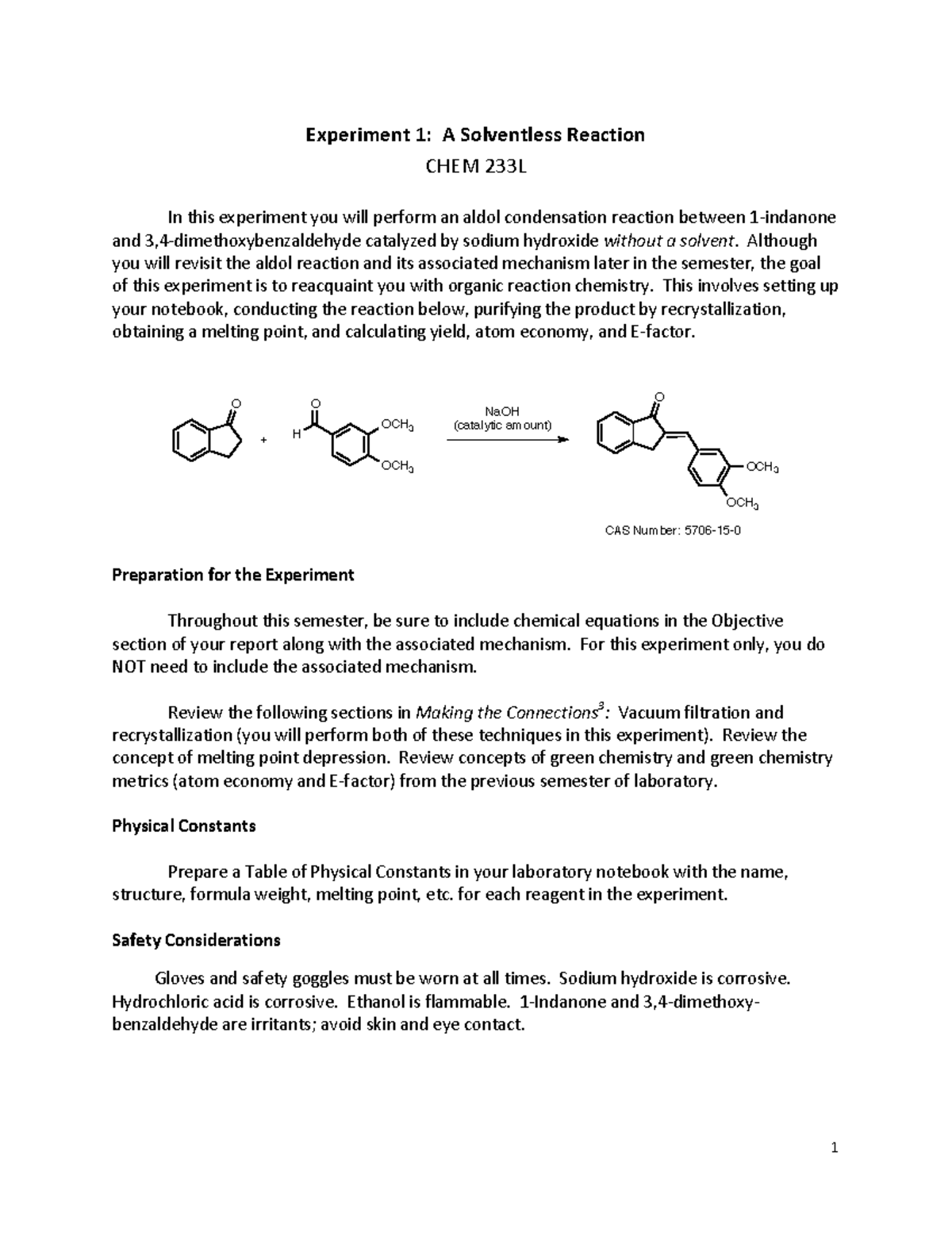 Experiment 1 Handout 2023 - 1 Experiment 1: A Solventless Reaction CHEM ...