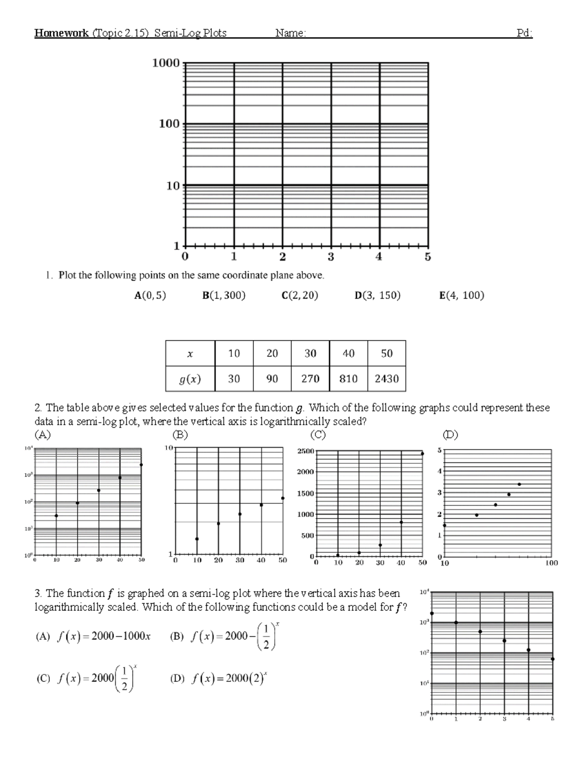 2. HW Topic 2.15 Semi-Log Plots - Homework (Topic 2) Semi-Log Plots ...