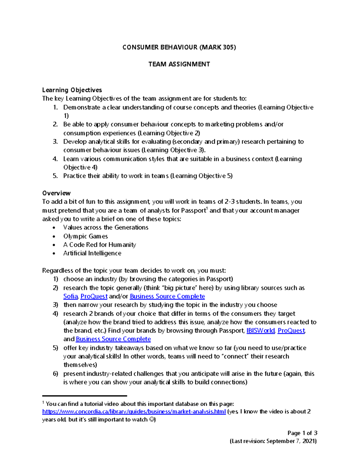 Team Assignment (MARK 305 Fall 2021) final - Page 1 of 3 (Last revision ...