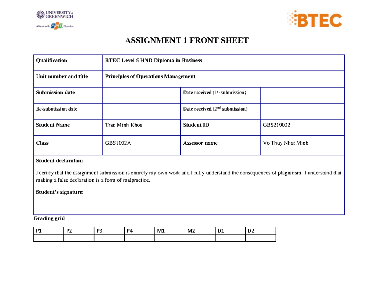 Tran Minh Khoa 5078 Assignment 1 - ASSIGNMENT 1 FRONT SHEET Qualification BTEC Level 5 HND ...