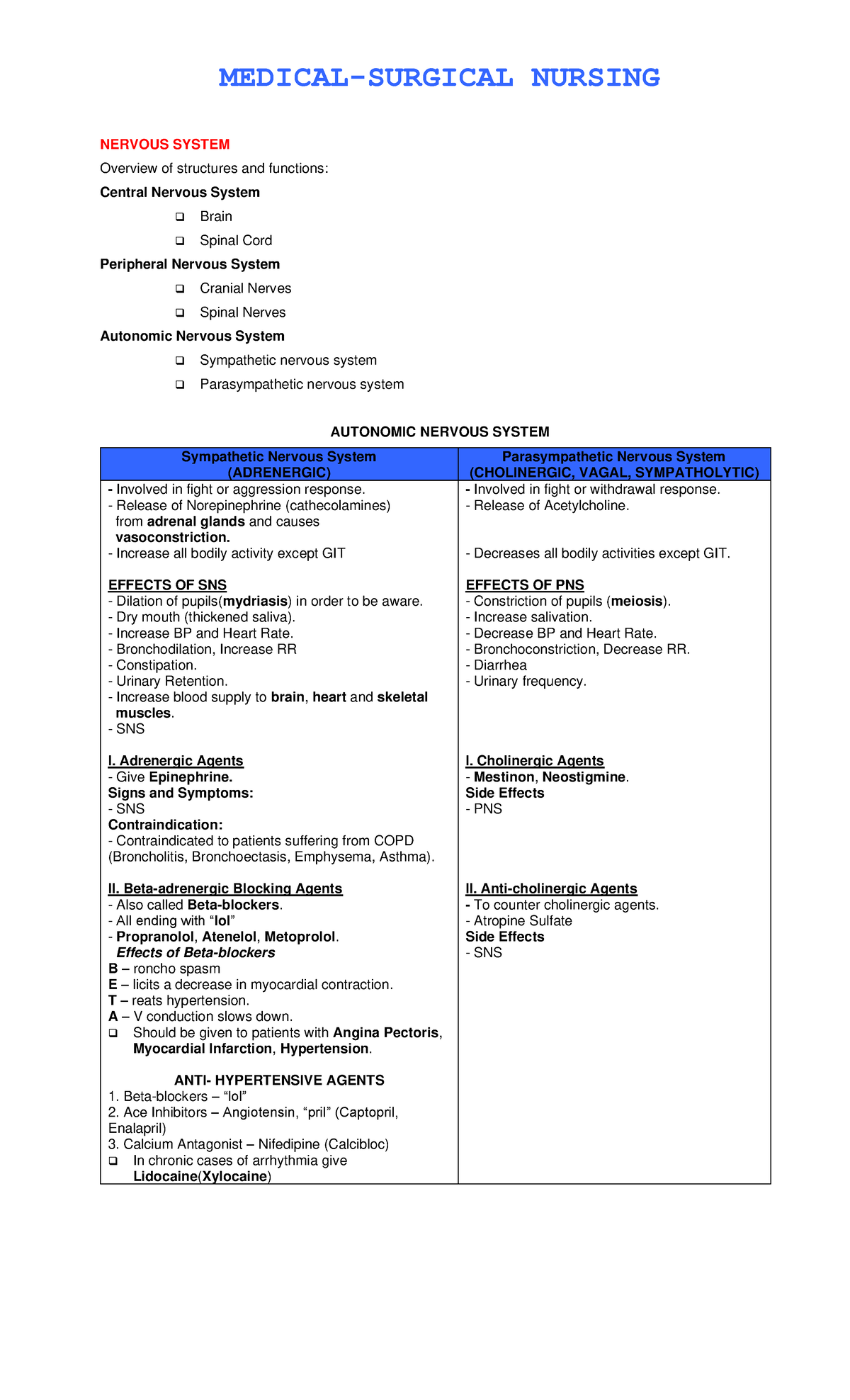 MED-SURG Review Notes - MEDICAL-SURGICAL NURSING NERVOUS SYSTEM ...