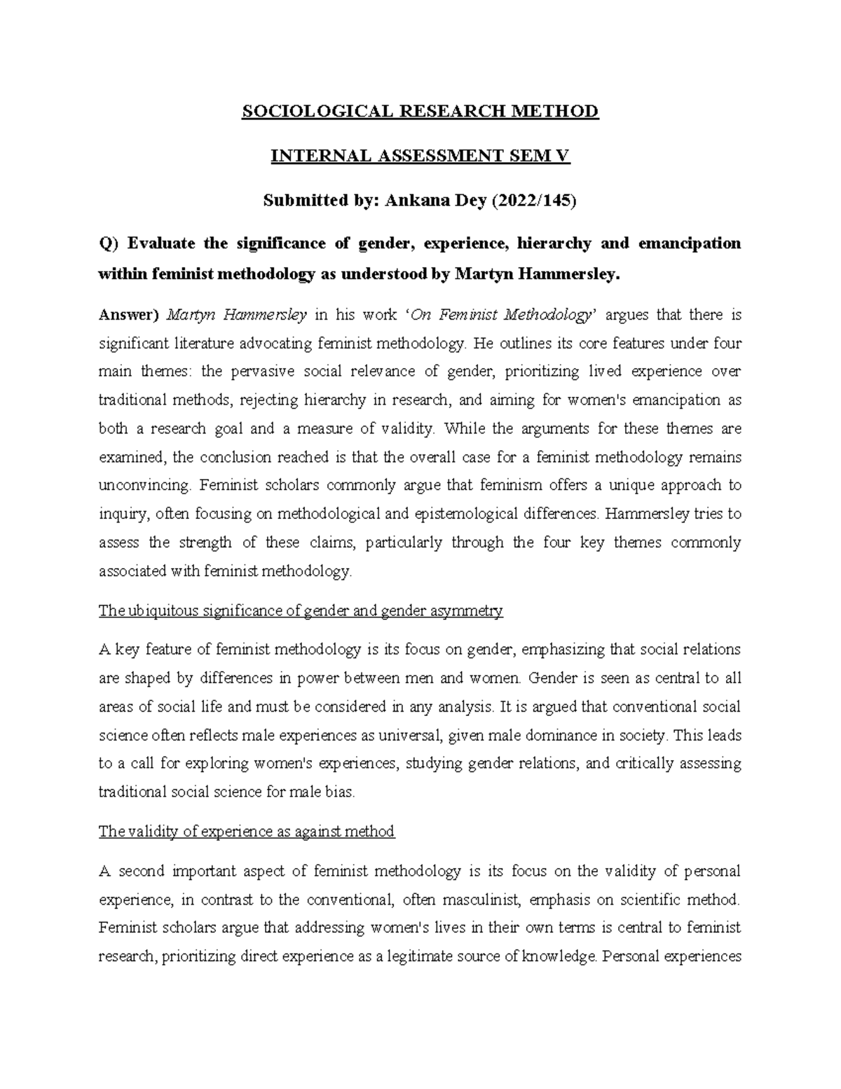 SRM Assignment - SOCIOLOGICAL RESEARCH METHOD INTERNAL ASSESSMENT SEM V ...