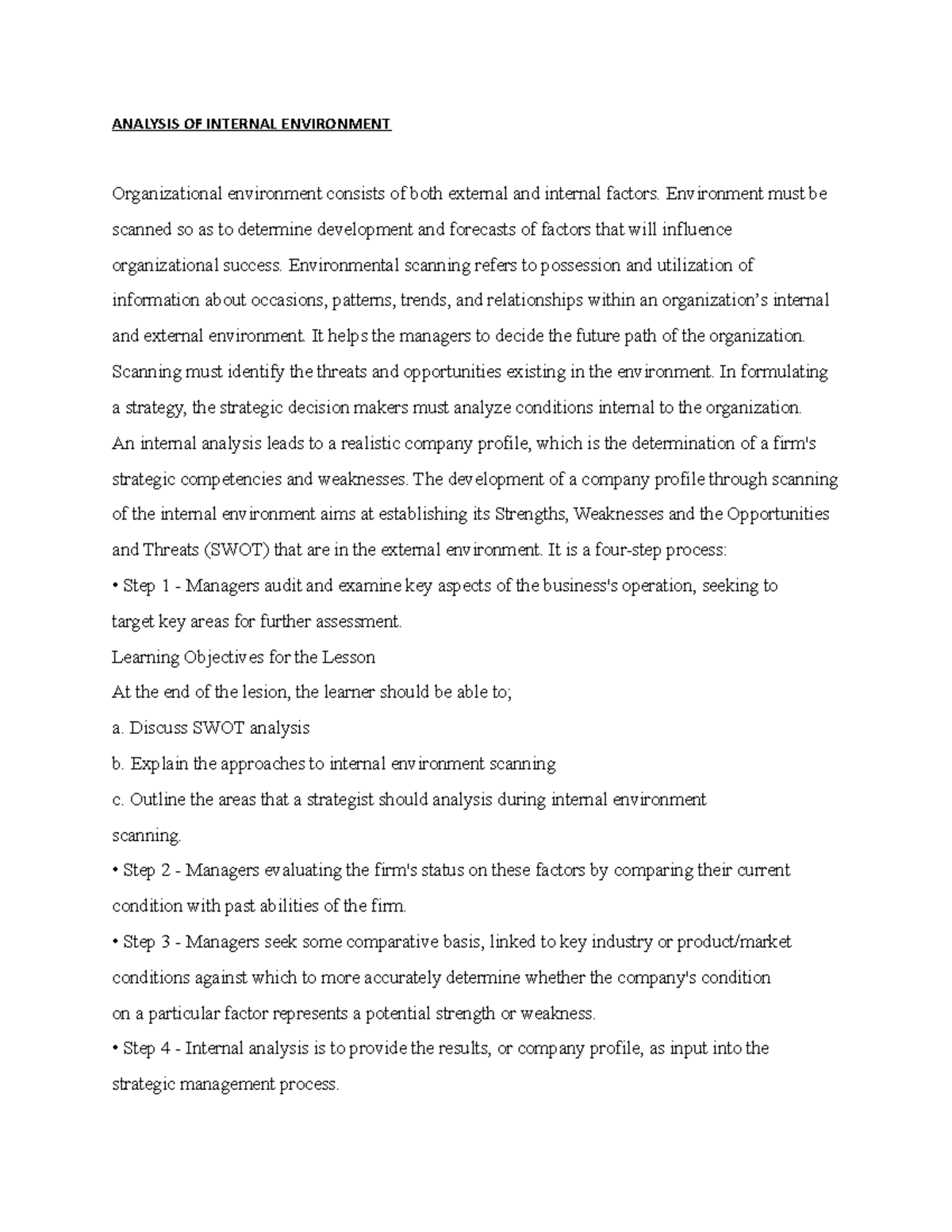 Analysis OF Internal Environment strategic management - ANALYSIS OF ...