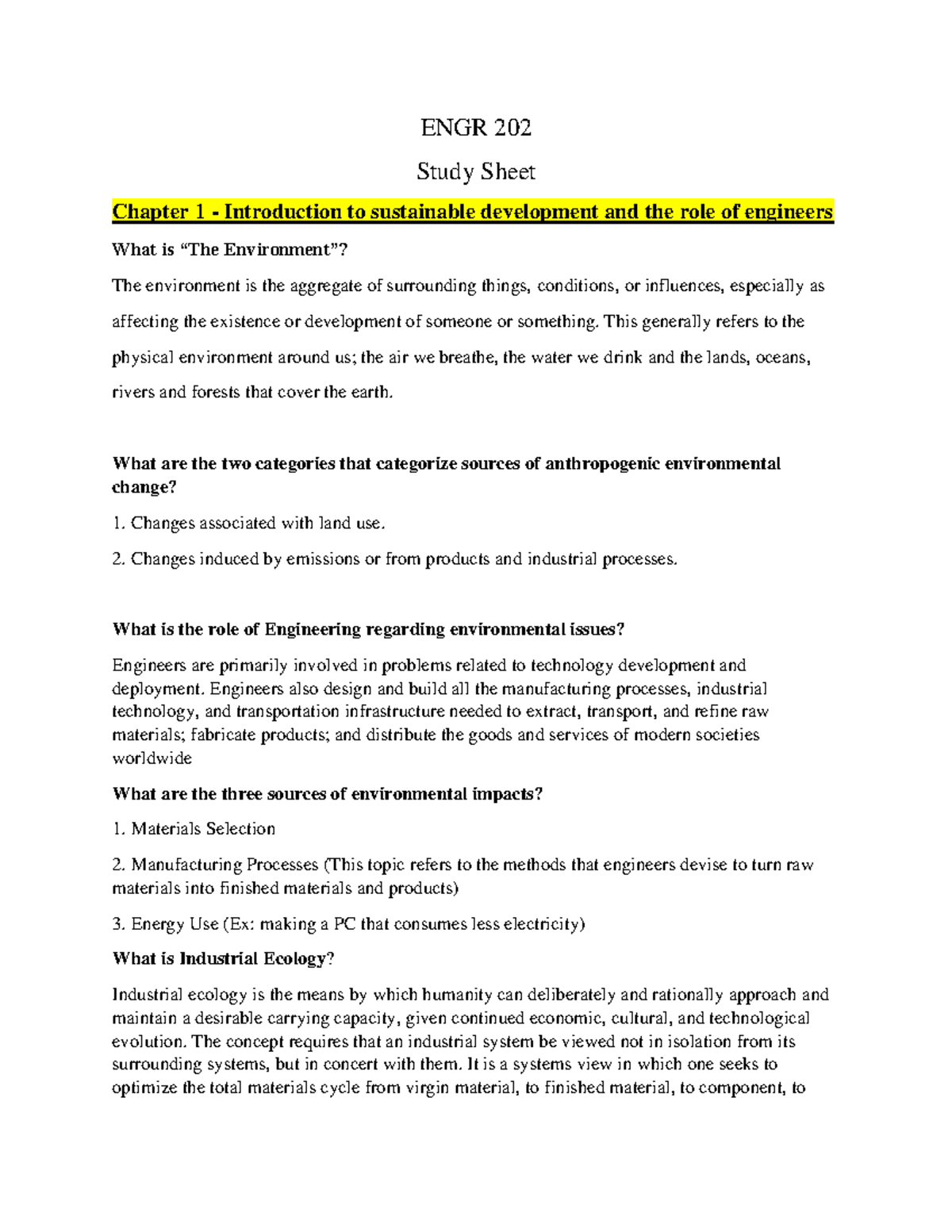 ENGR 202 Chapter 1 - Study Sheet - ENGR 202 Study Sheet Chapter 1 - Introduction to sustainable ...