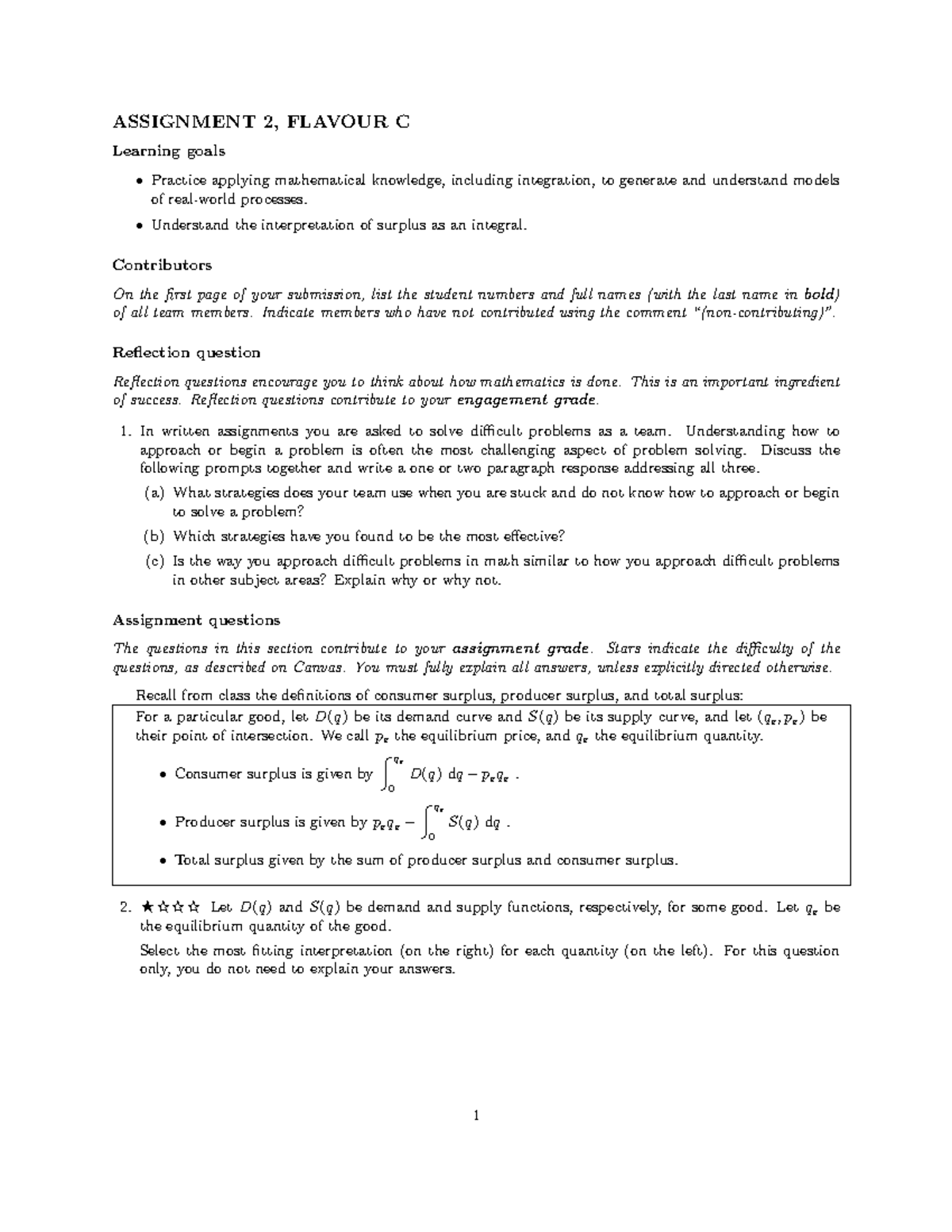 A2(C) - assignment two for math 101 - ASSIGNMENT 2, FLAVOUR C Learning goals Practice applying ...