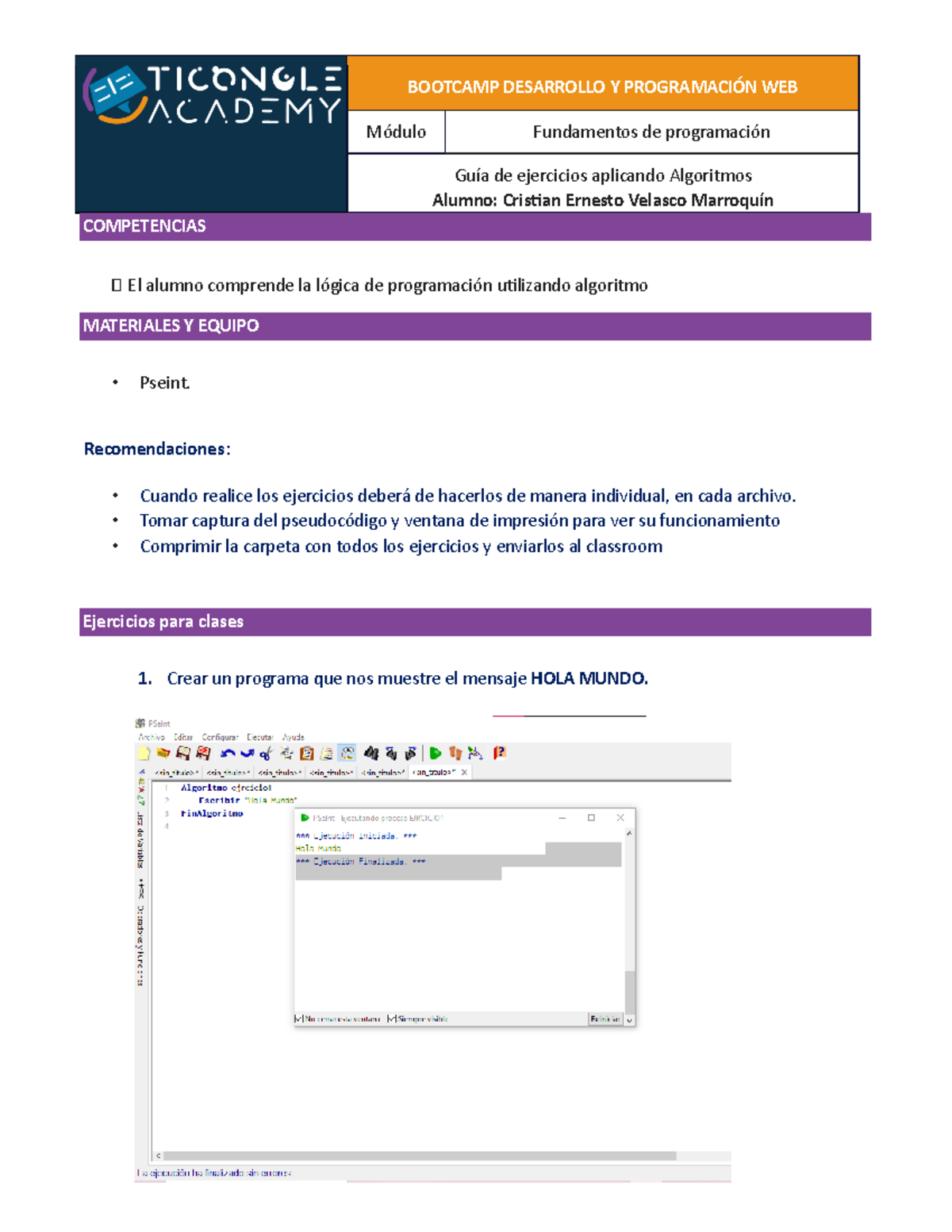 Guia de Ejercicios Pseint - BOOTCAMP DESARROLLO Y PROGRAMACIÓN WEB Módulo Fundamentos de - Studocu