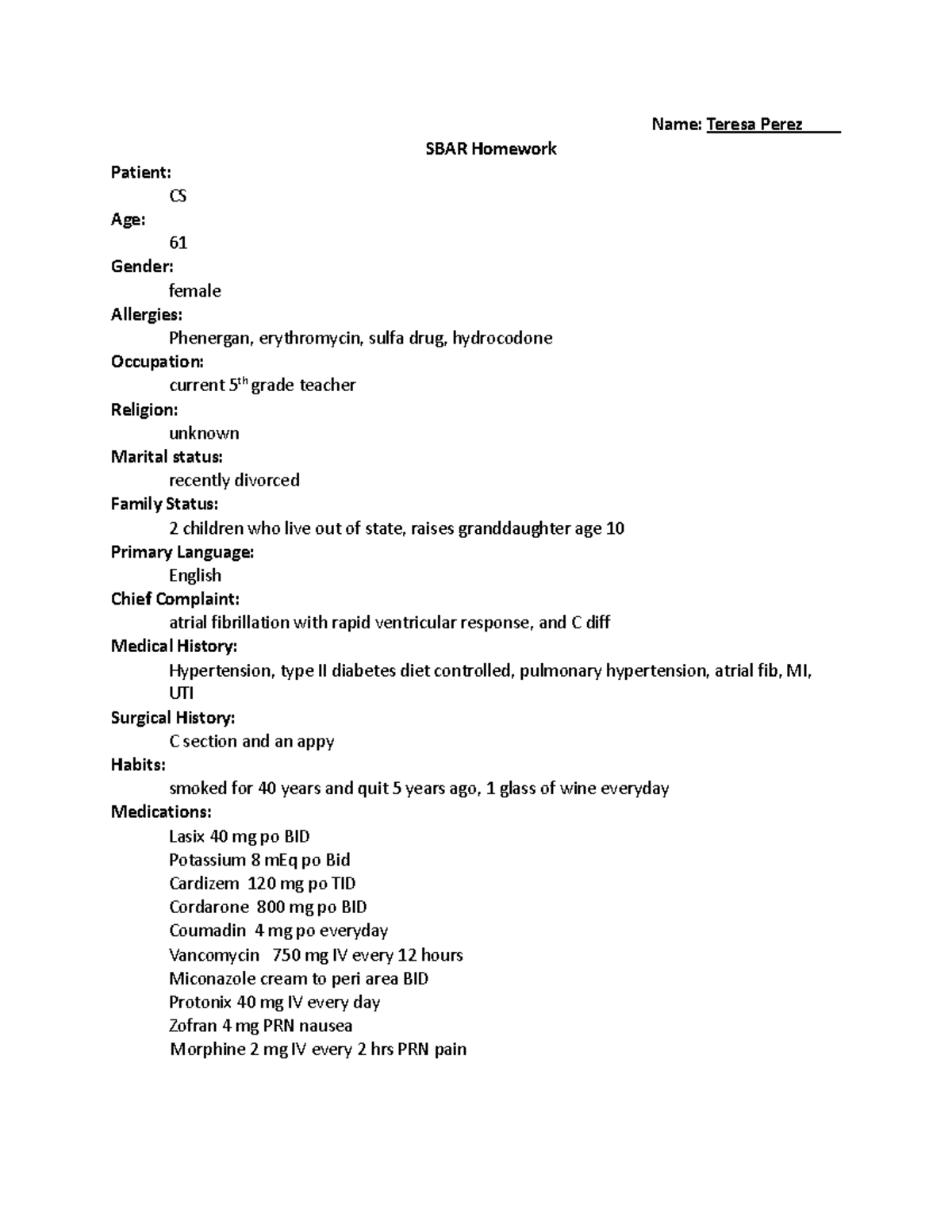 Patient SBAR: Atrial Fibrillation and C Diff - Studocu