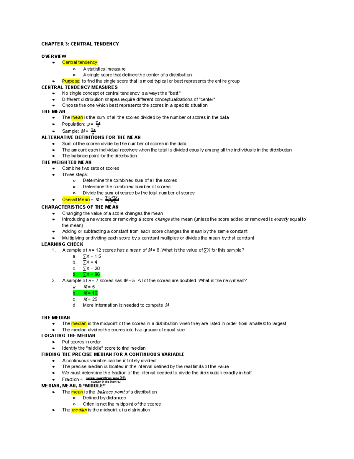 PSY 3234 Chp 3 Notes - CHAPTER 3: CENTRAL TENDENCY OVERVIEW Central ...