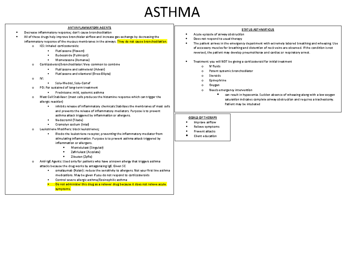 Asthma - Lecture notes from adult health 1 - STATUS ASTHMATICUS Acute ...