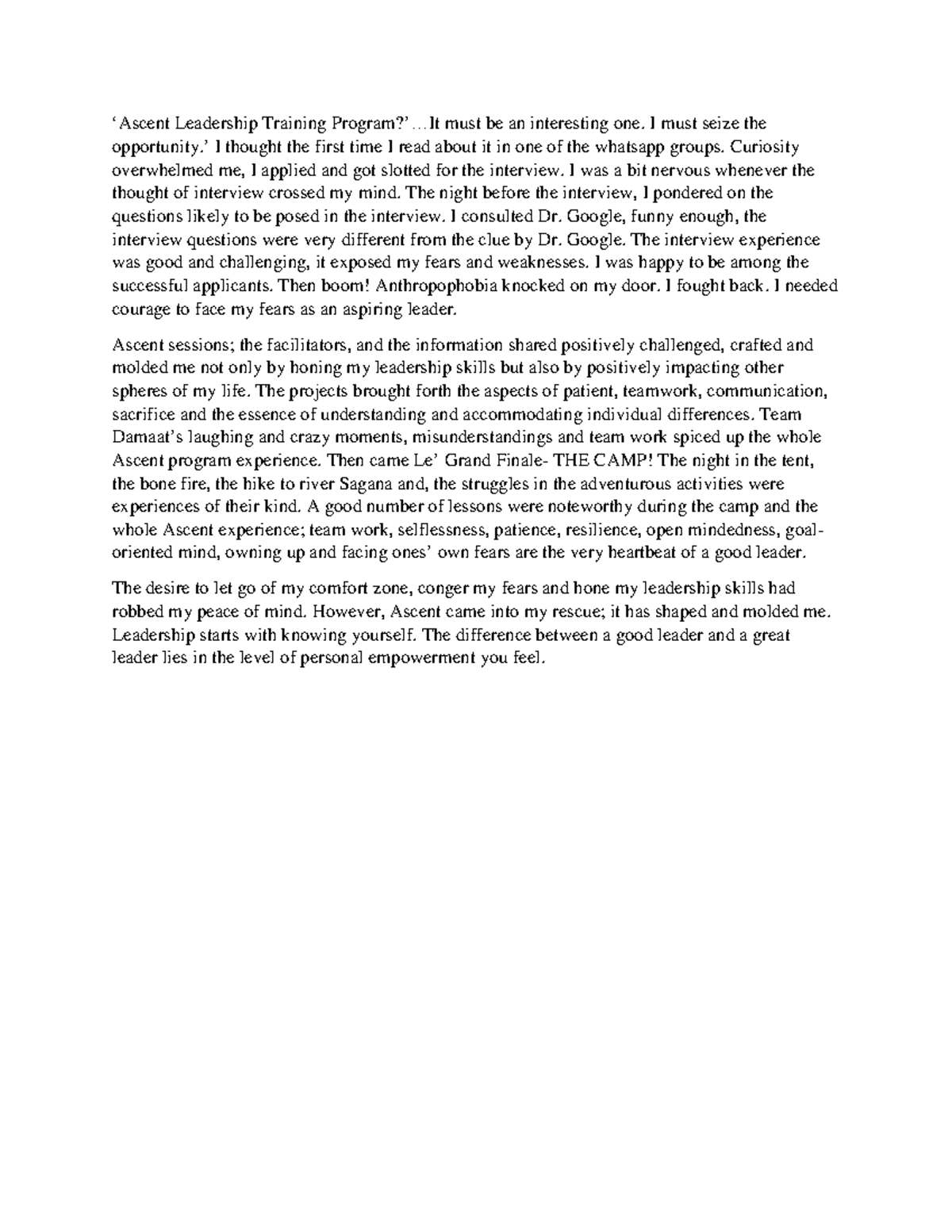 Ascent Leadership Training Program - . must be an interesting one. I ...