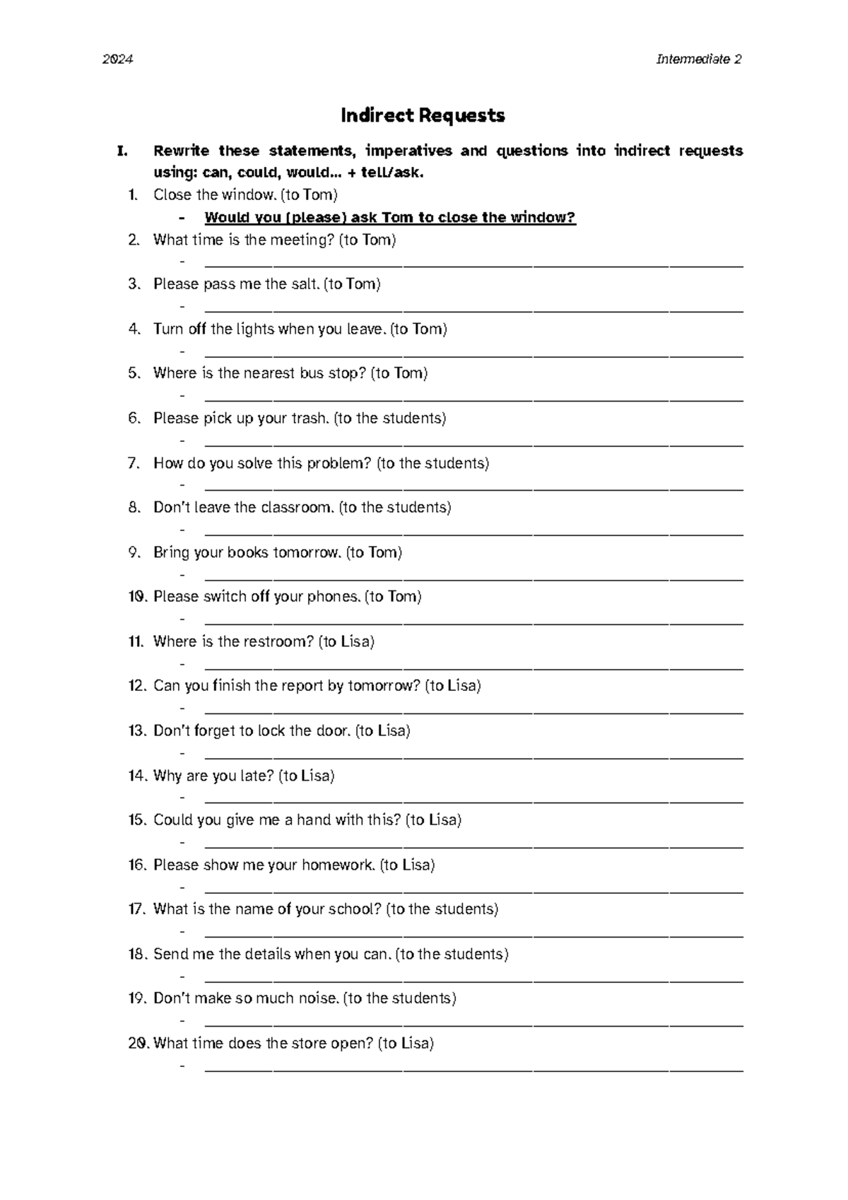 Unit 3 - Indirect Requests - 2024 Intermediate 2 Indirect Requests I ...