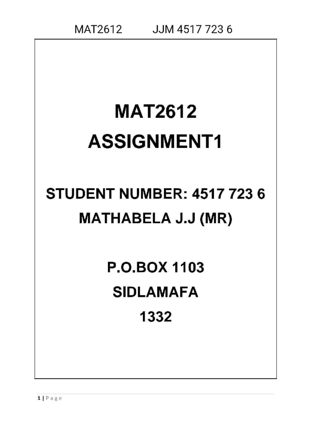 MAT2612 Assign 1MJJ45177236 - MAT2612 - Studocu