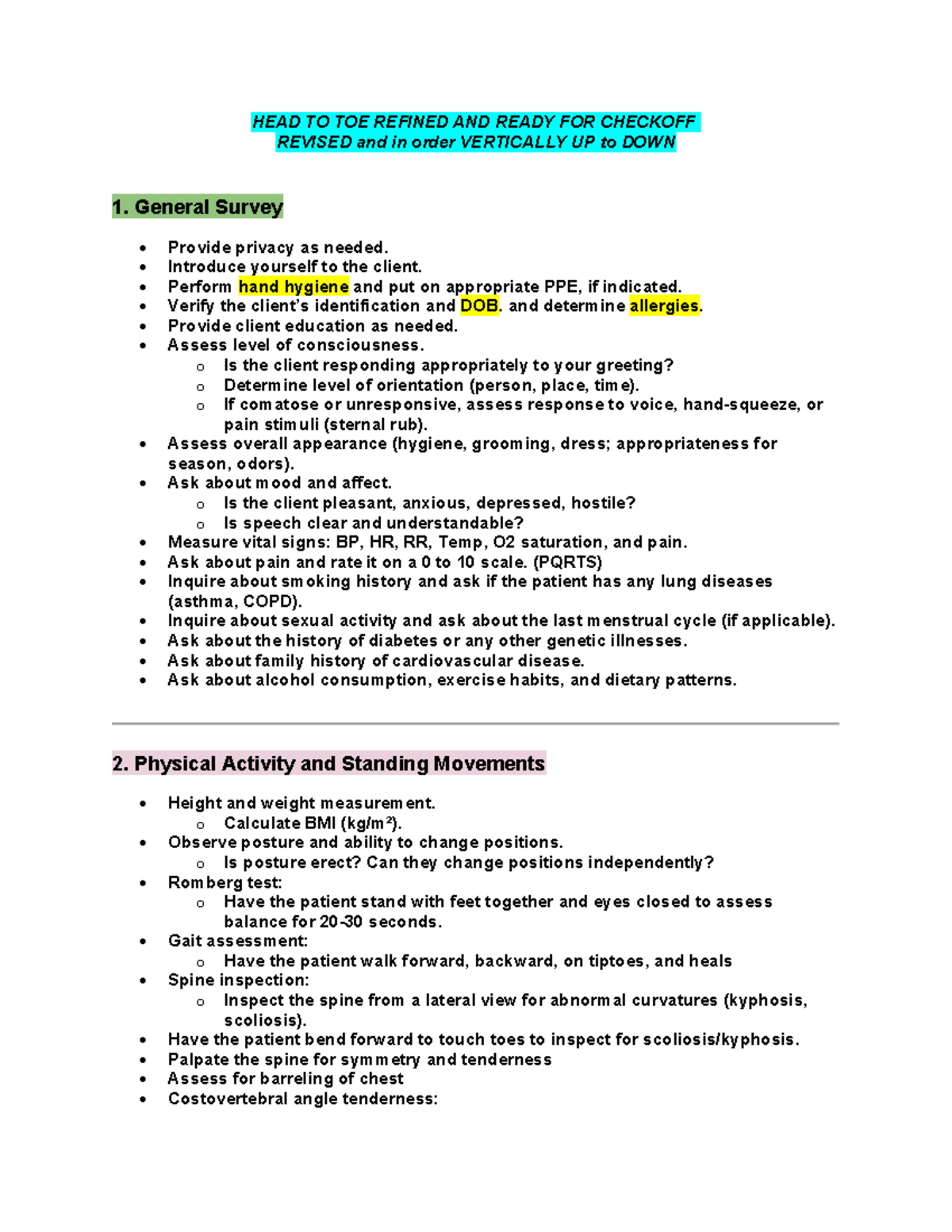 Level 2 head to toe - Physical head to toe assessment. Vertical, top to ...