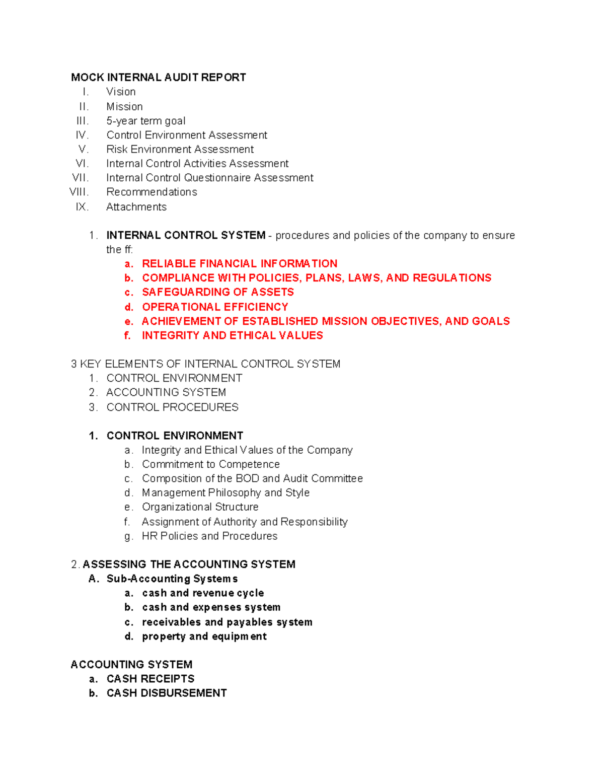 Operations Auditing - handout - MOCK INTERNAL AUDIT REPORT I. Vision II ...
