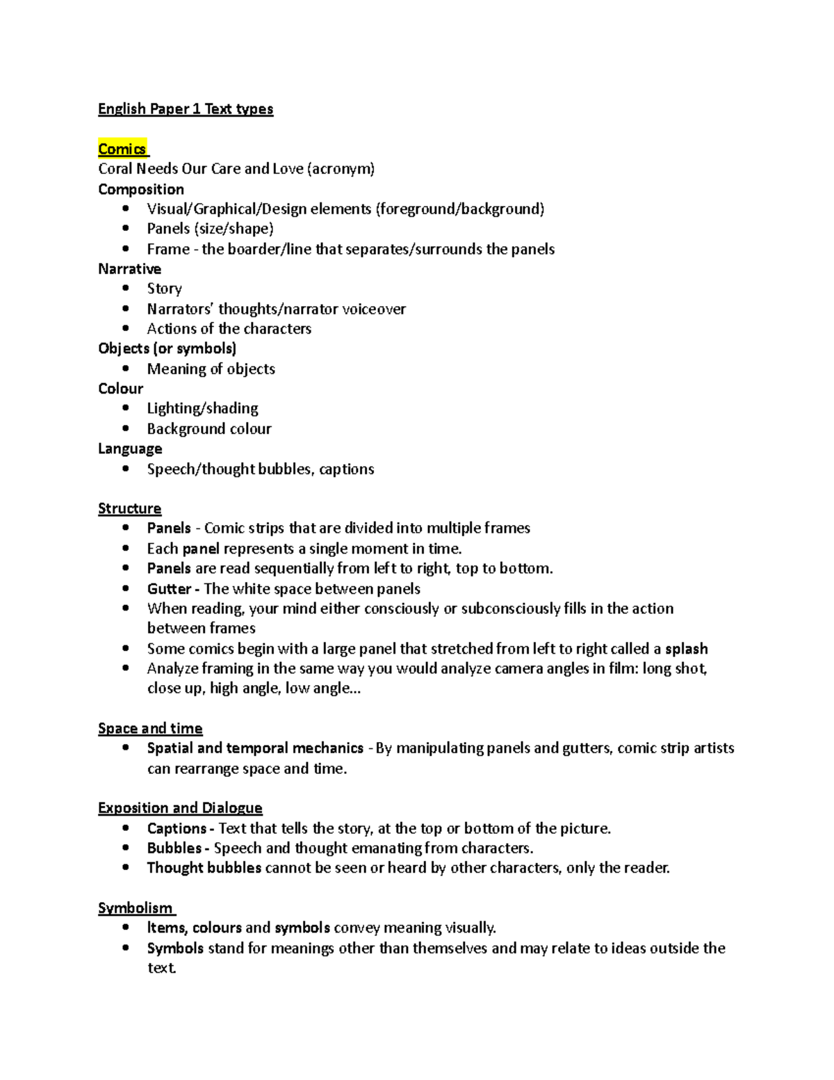 English Paper 1 Text types - English Paper 1 Text types Comics Coral ...