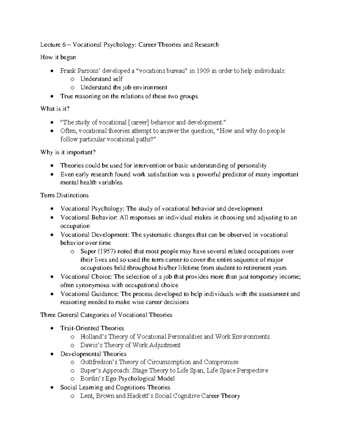 Lecture 6 notes - Vocational Psychology - Lecture 6 – Vocational ...