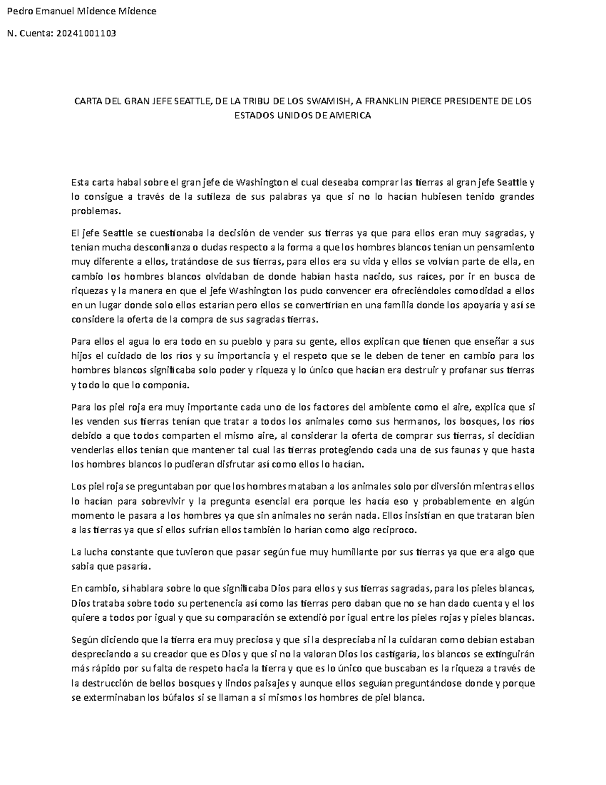 Carta DEL GRAN JEFE Seattle - CARTA DEL GRAN JEFE SEATTLE, DE LA TRIBU ...