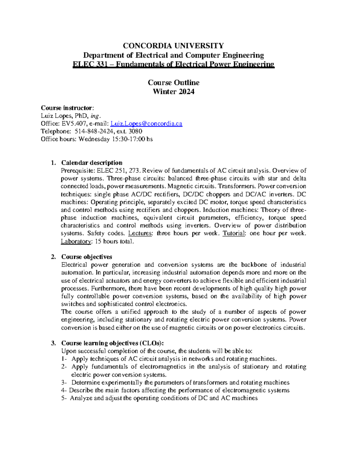 ELEC 331 - Power - Outline 2024 - CONCORDIA UNIVERSITY Department of ...
