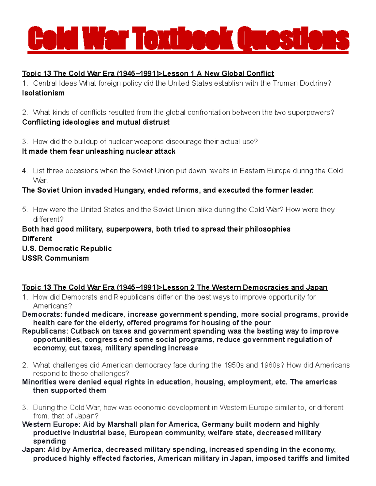 Cold War Textbook Questions - Studocu