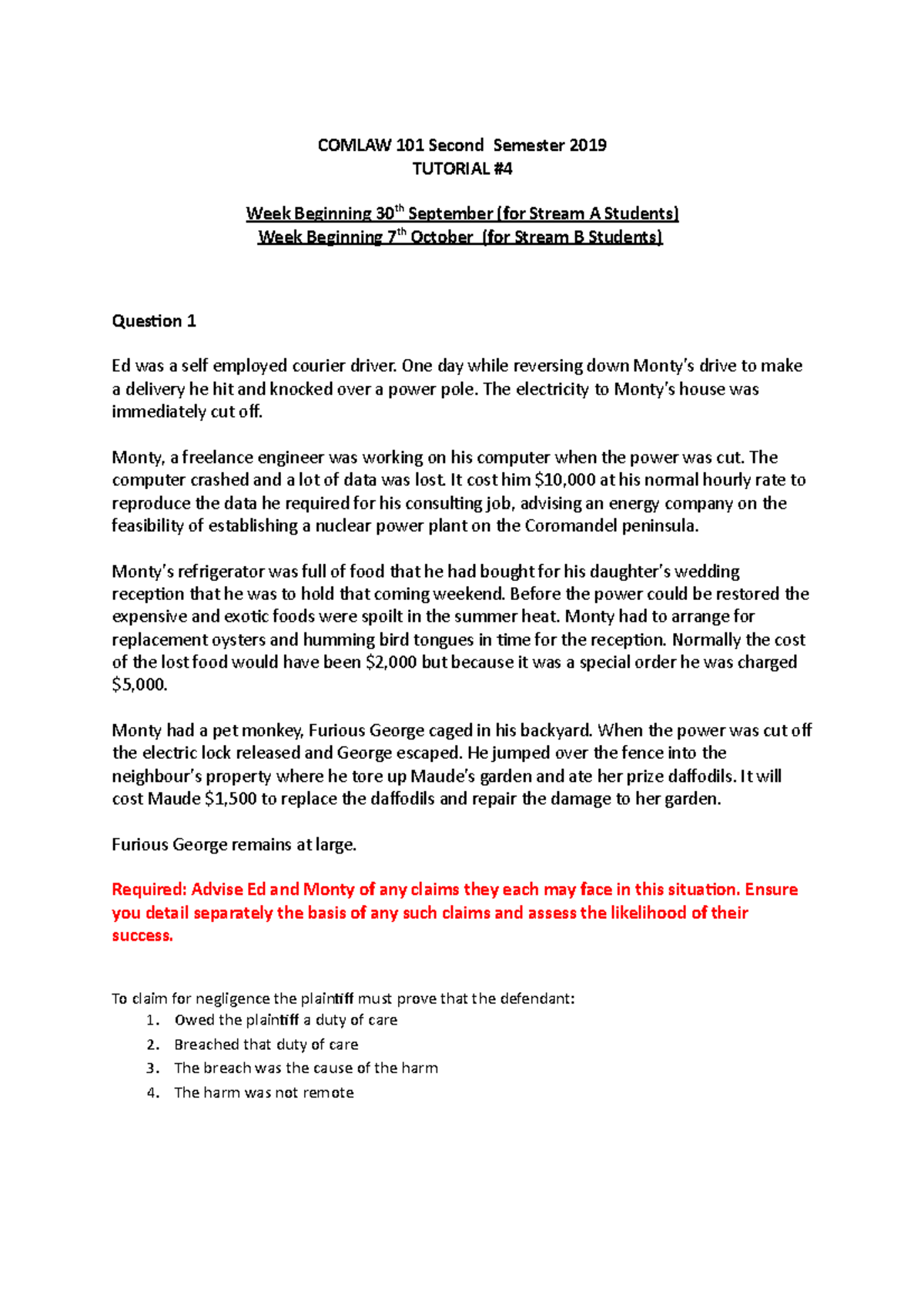 Comlaw 101 Tutorial Four 2019 Sem2 - COMLAW 101 Second Semester 2019 ...