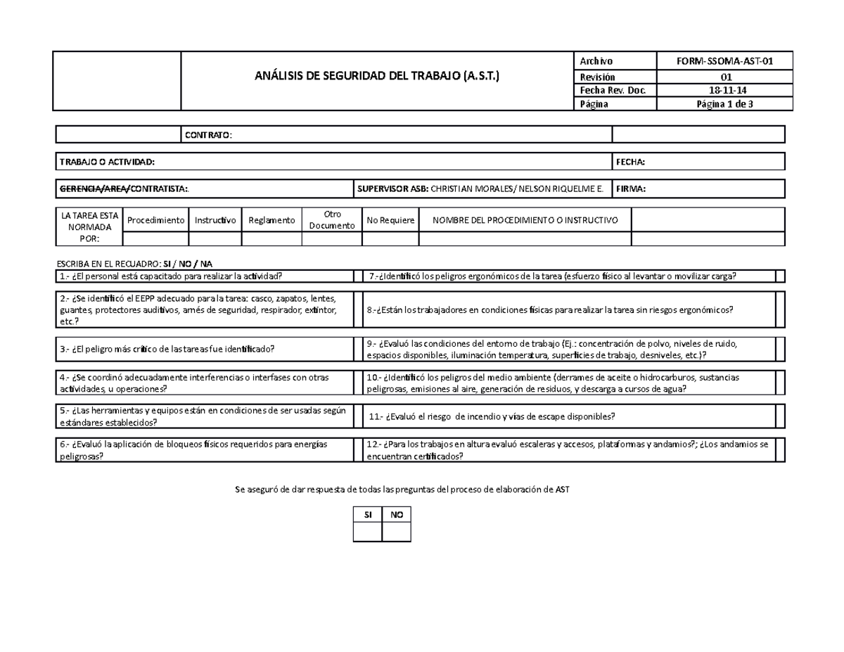 Formato AST - ANÁLISIS DE SEGURIDAD DEL TRABAJO (A.S.) Archivo FORM ...